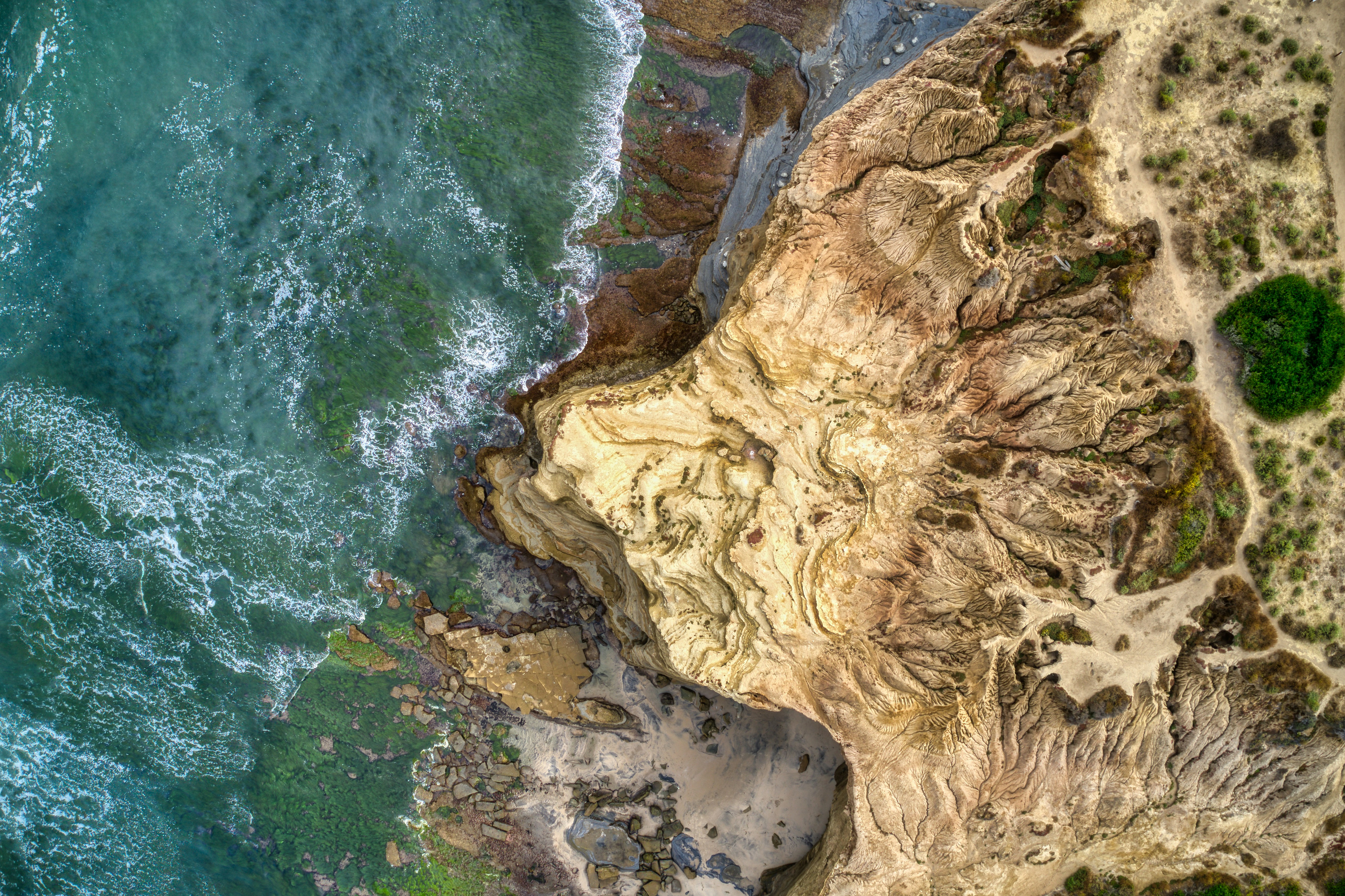 Aerial shot of sunset cliffs in San Diego.
