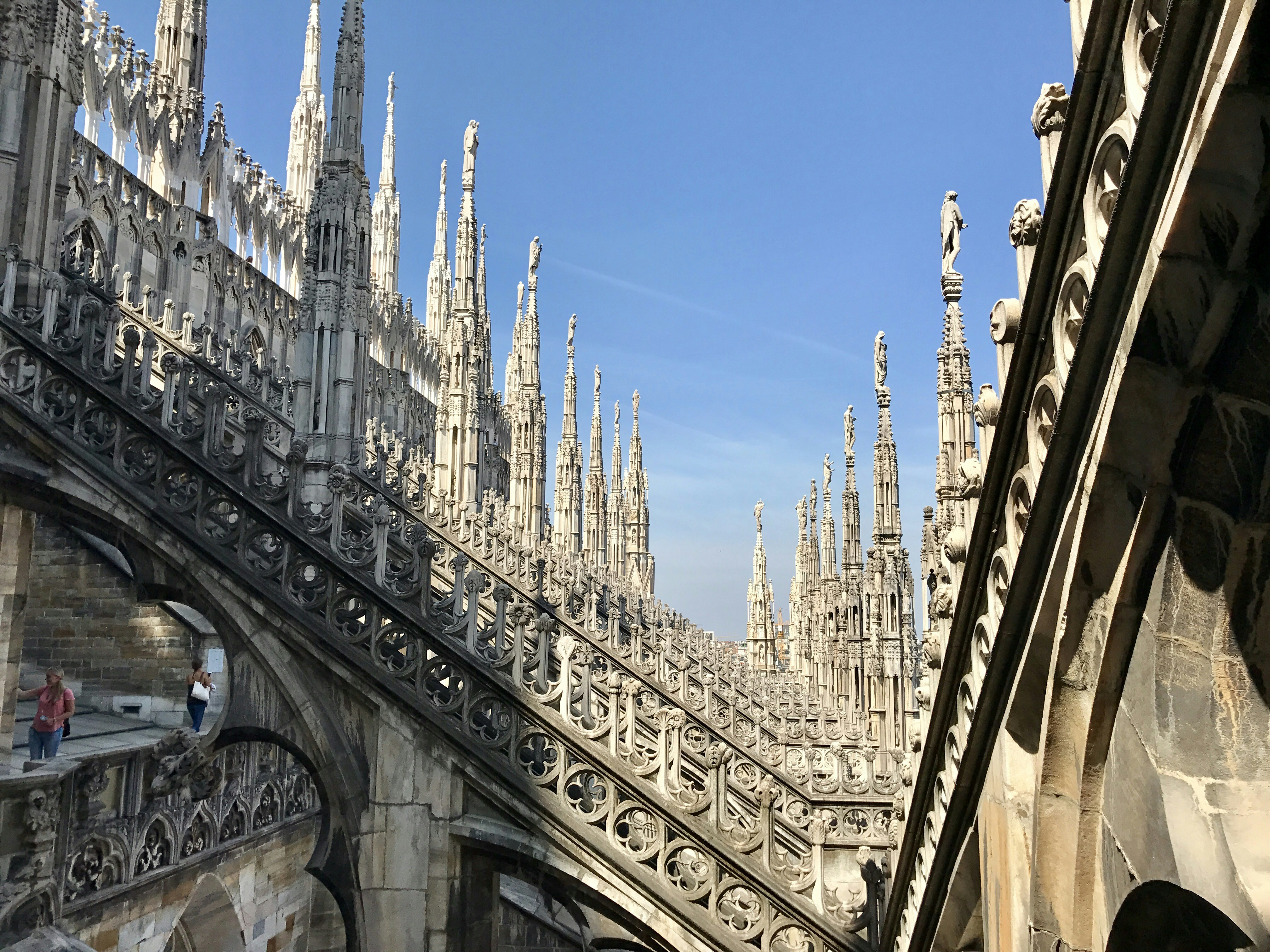 Intricate Gothic architecture of a cathedral's rooftop adorned with numerous spires and statues against a clear blue sky.