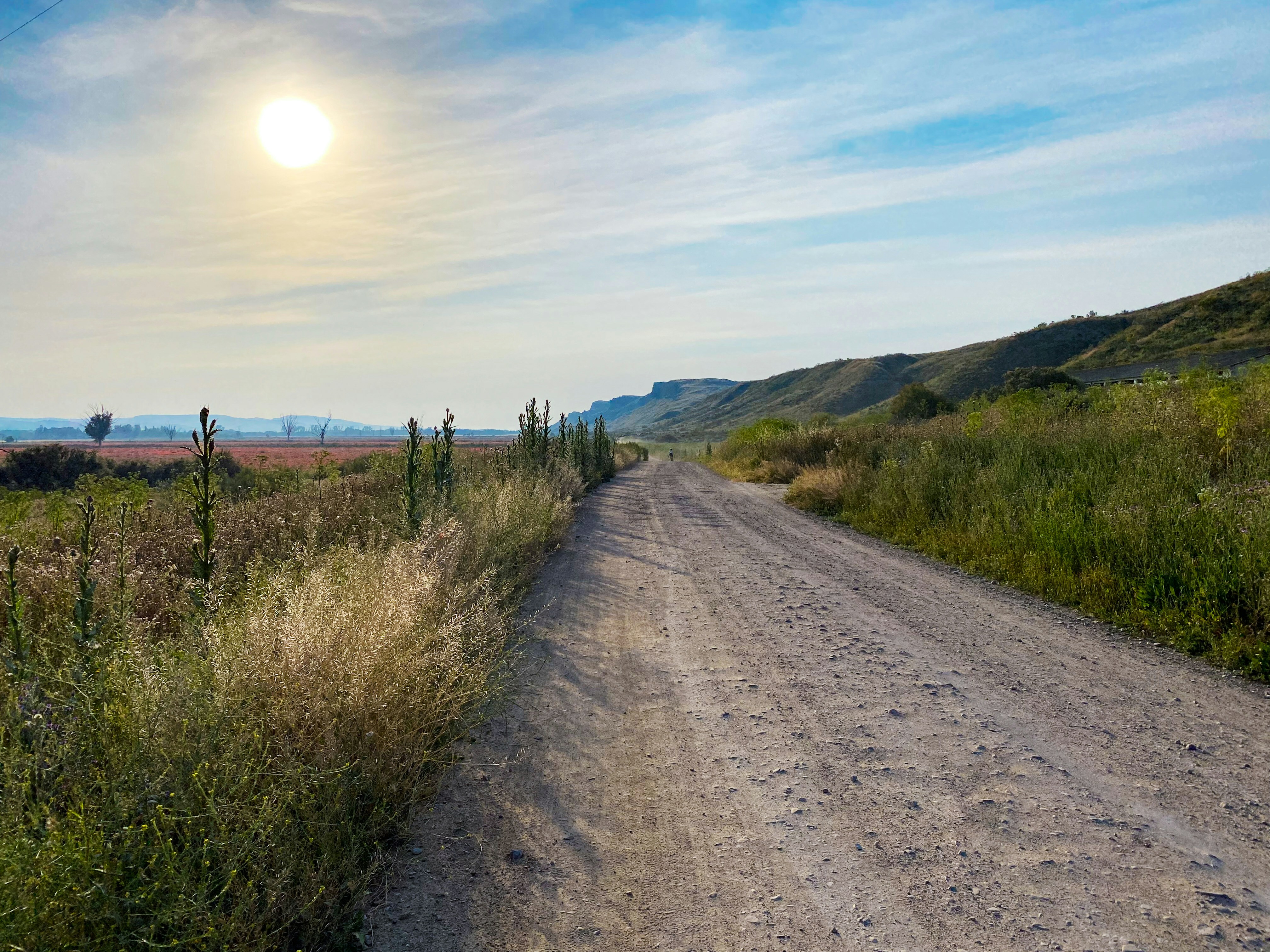 Dust Trail to the Distant Ridge under a Pale Sun