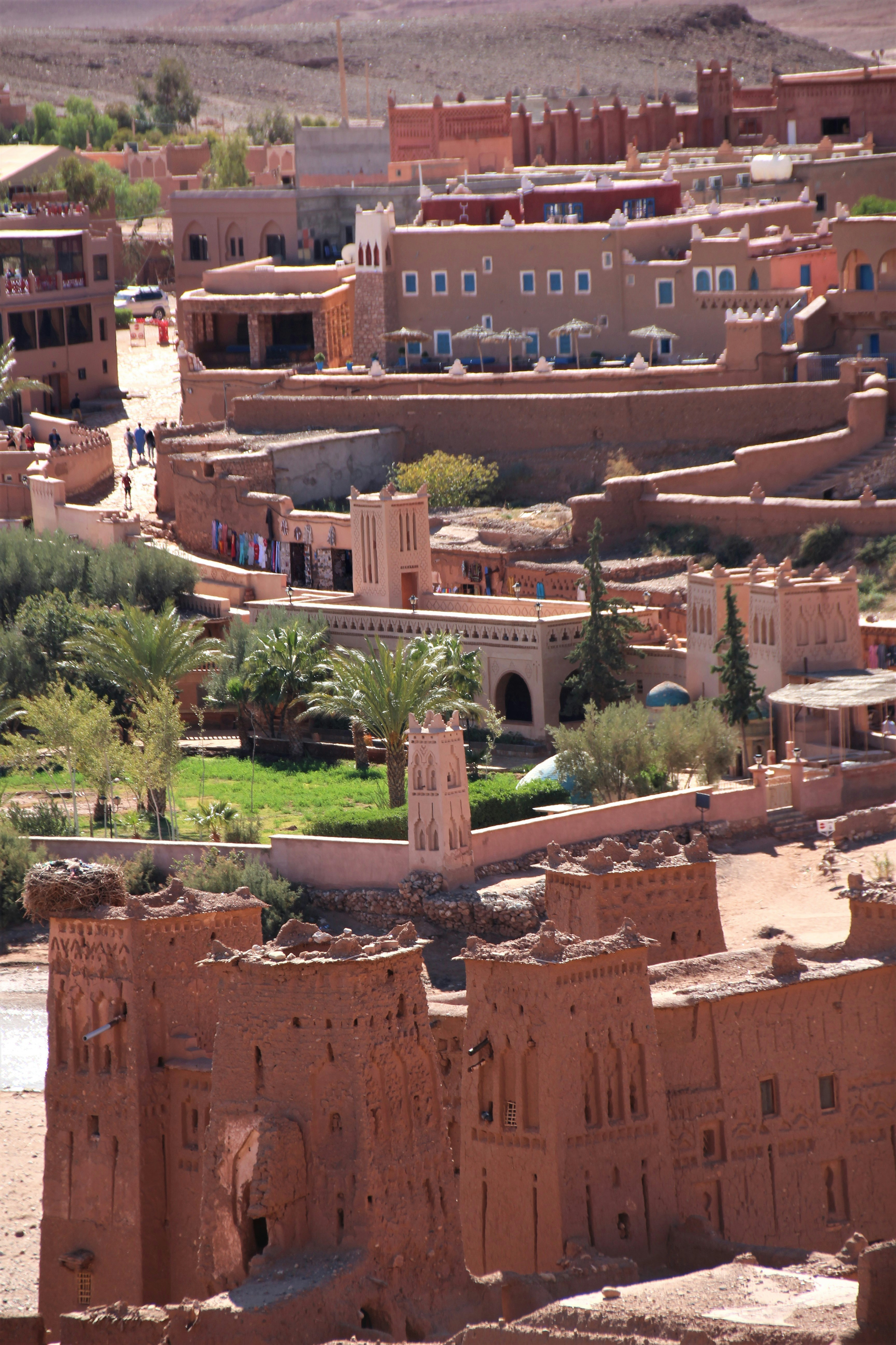 Ancient earthen structures interspersed with lush greenery and vibrant market activity, showcasing traditional Moroccan architecture. The scene captures the essence of a bustling village life.
