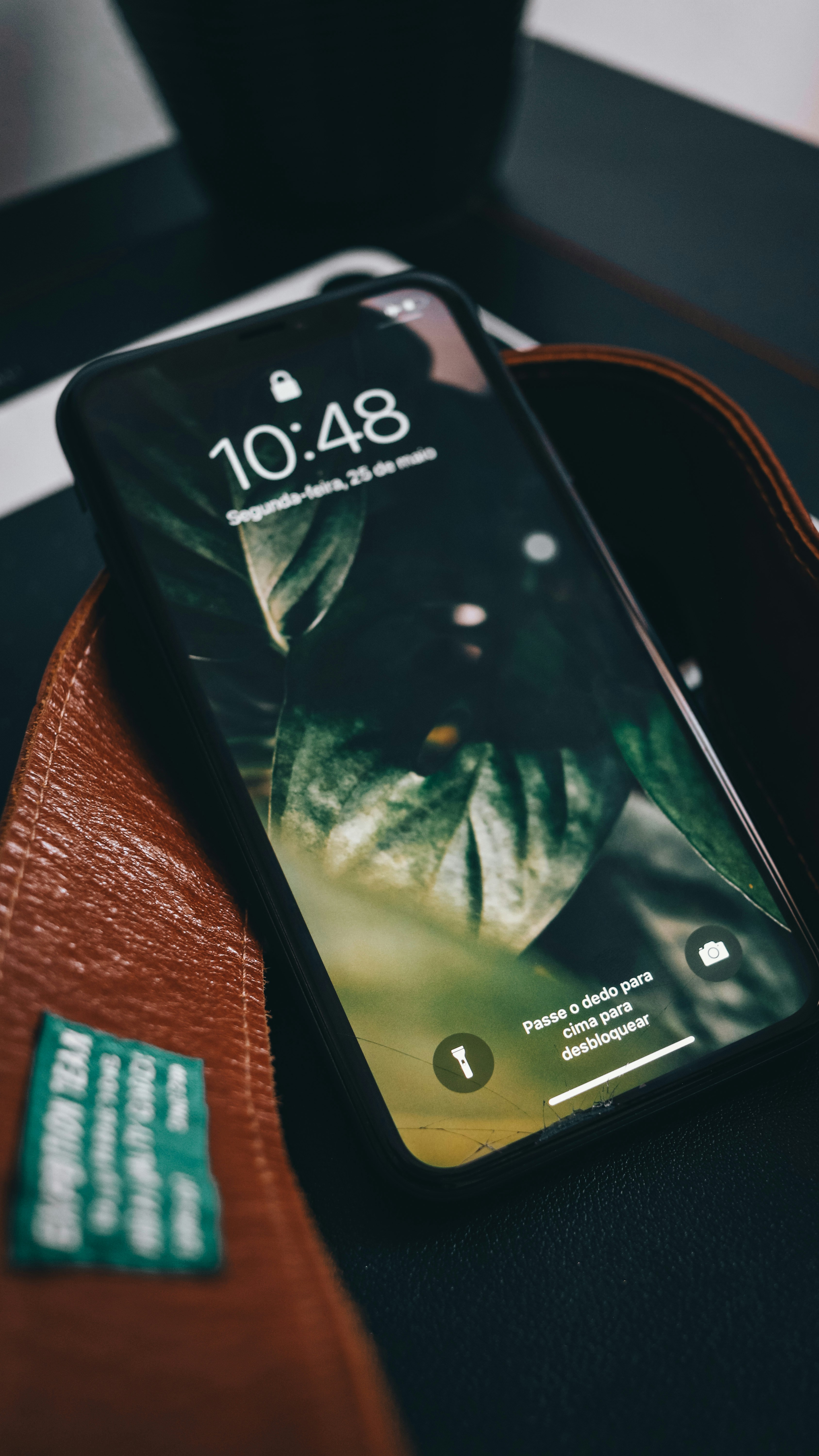 Lock Screen in Focus: Leafy Glow in a Brown Leather Case