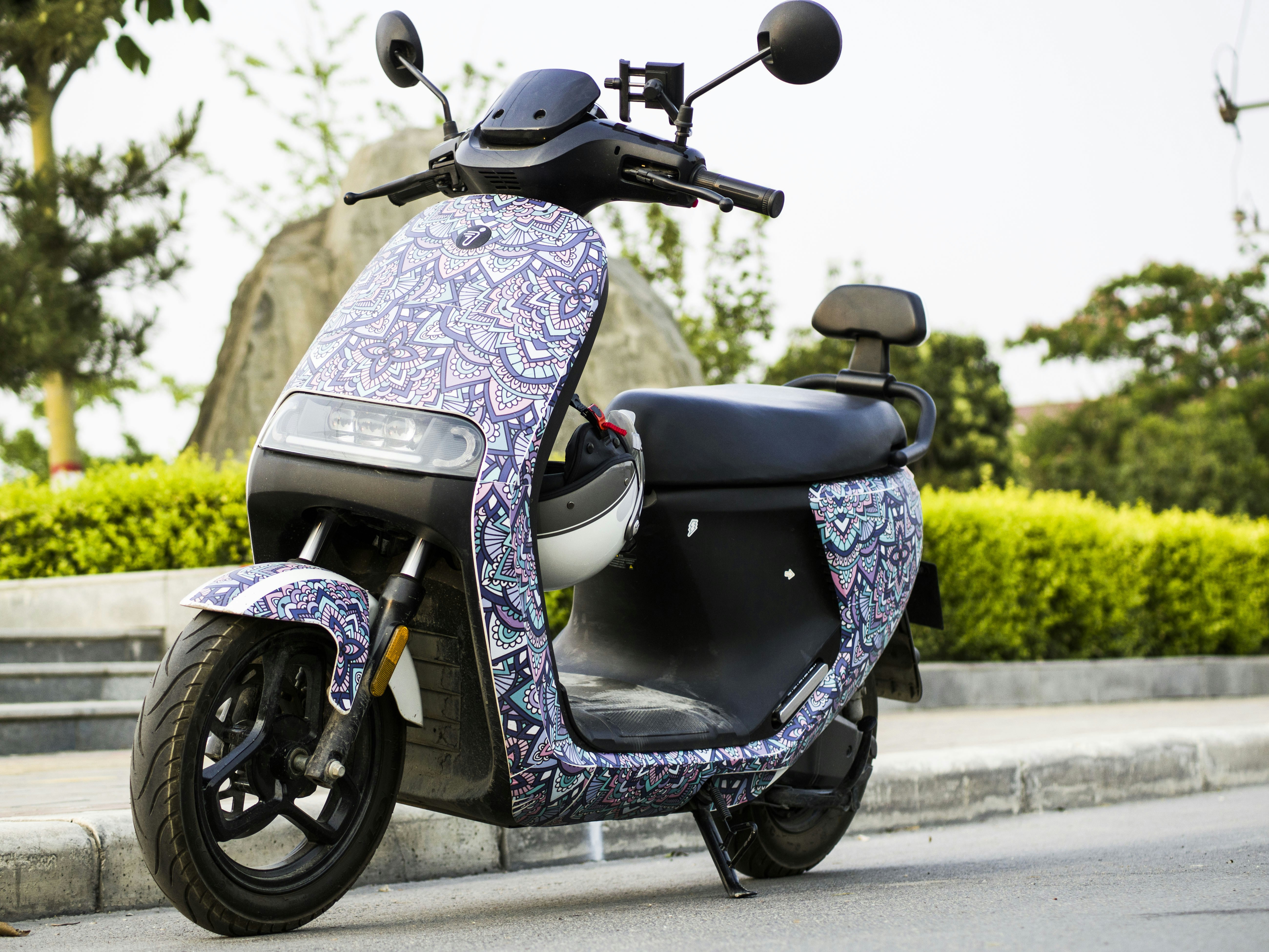 Paisley Electric: A Patterned Scooter Resting by the Park