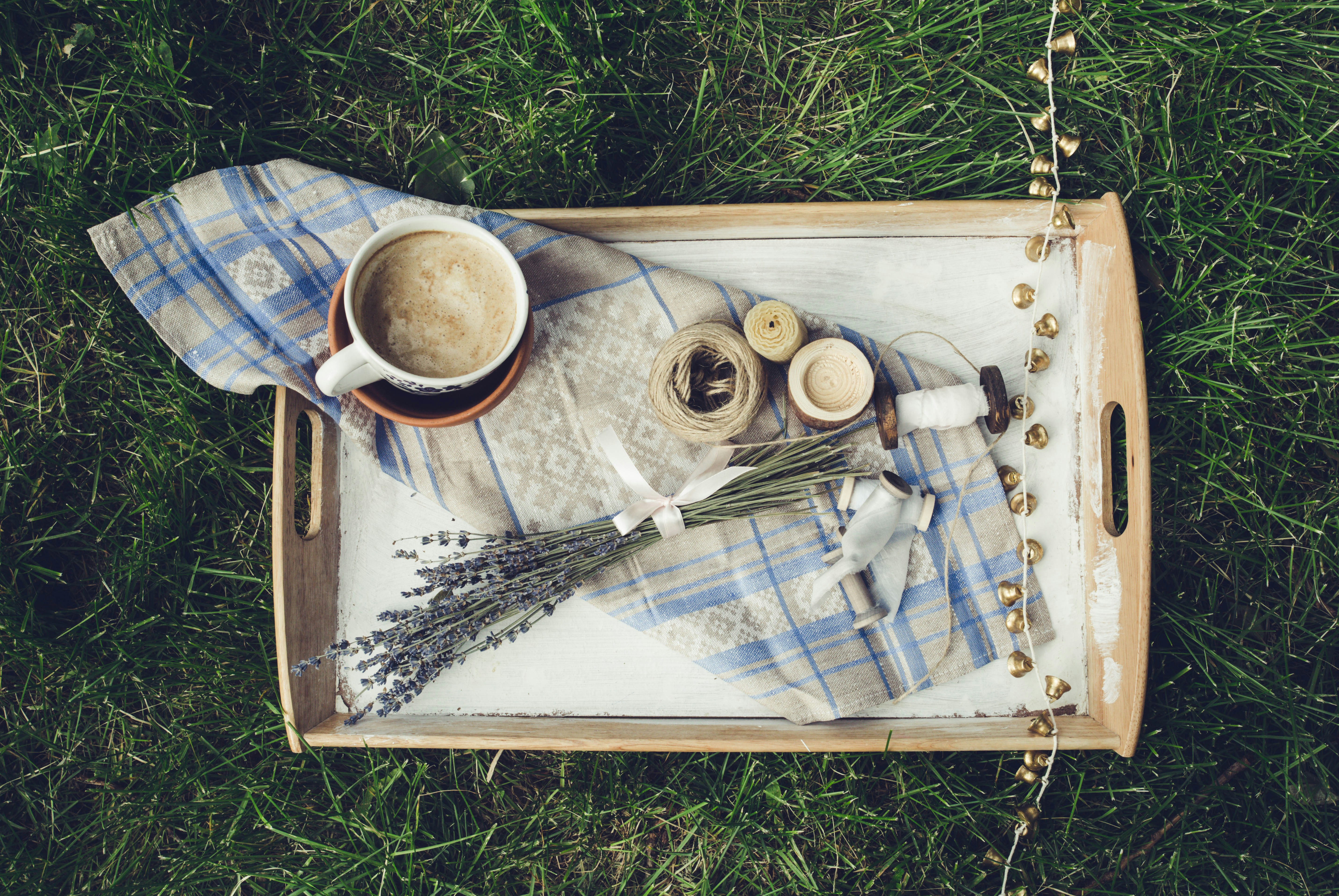 Grassbound Morning Tray: Coffee, Lavender Sprigs, and Beaded Accents