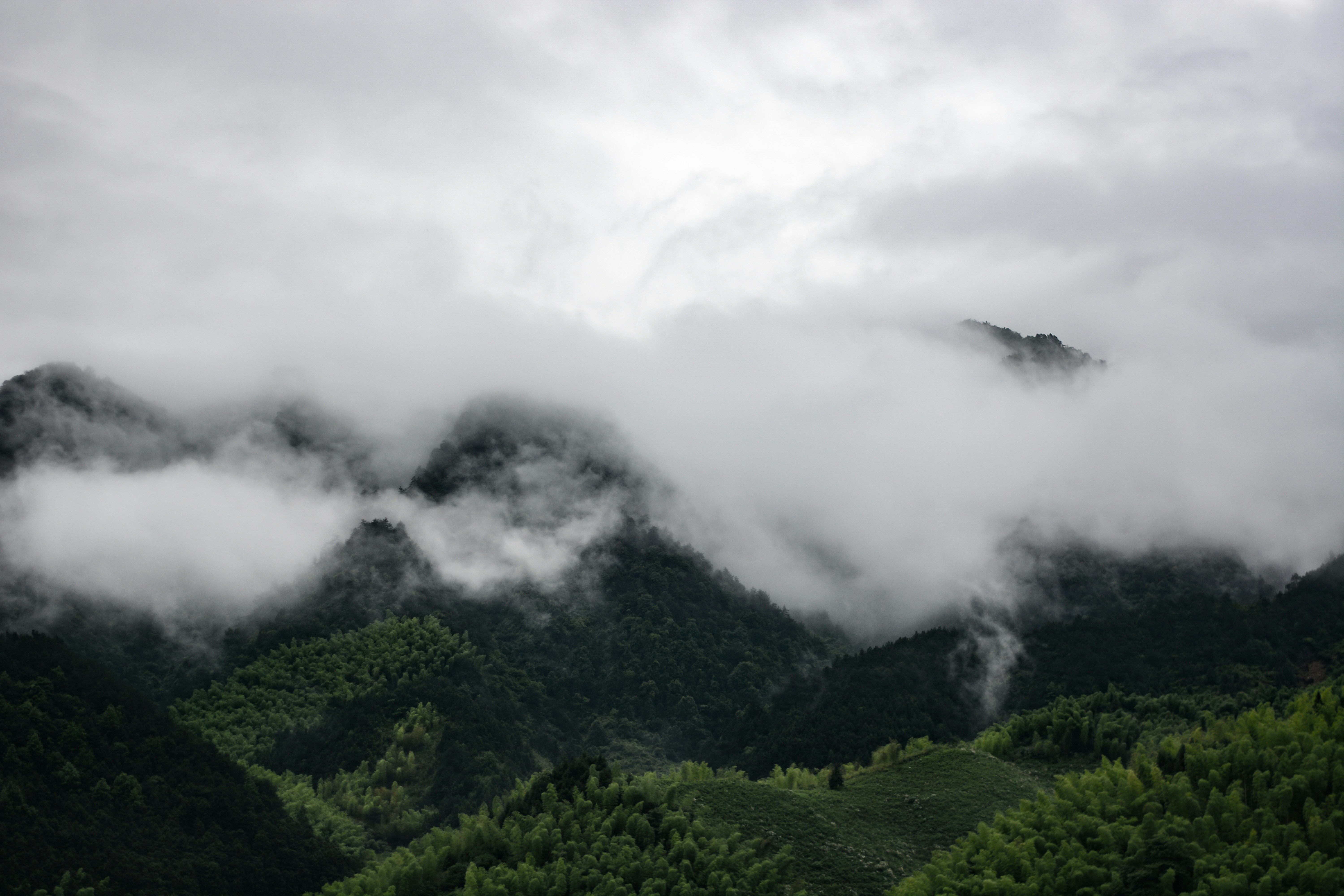 Clouds enveloping green mountain slopes under a moody sky, creating a serene yet mysterious atmosphere.