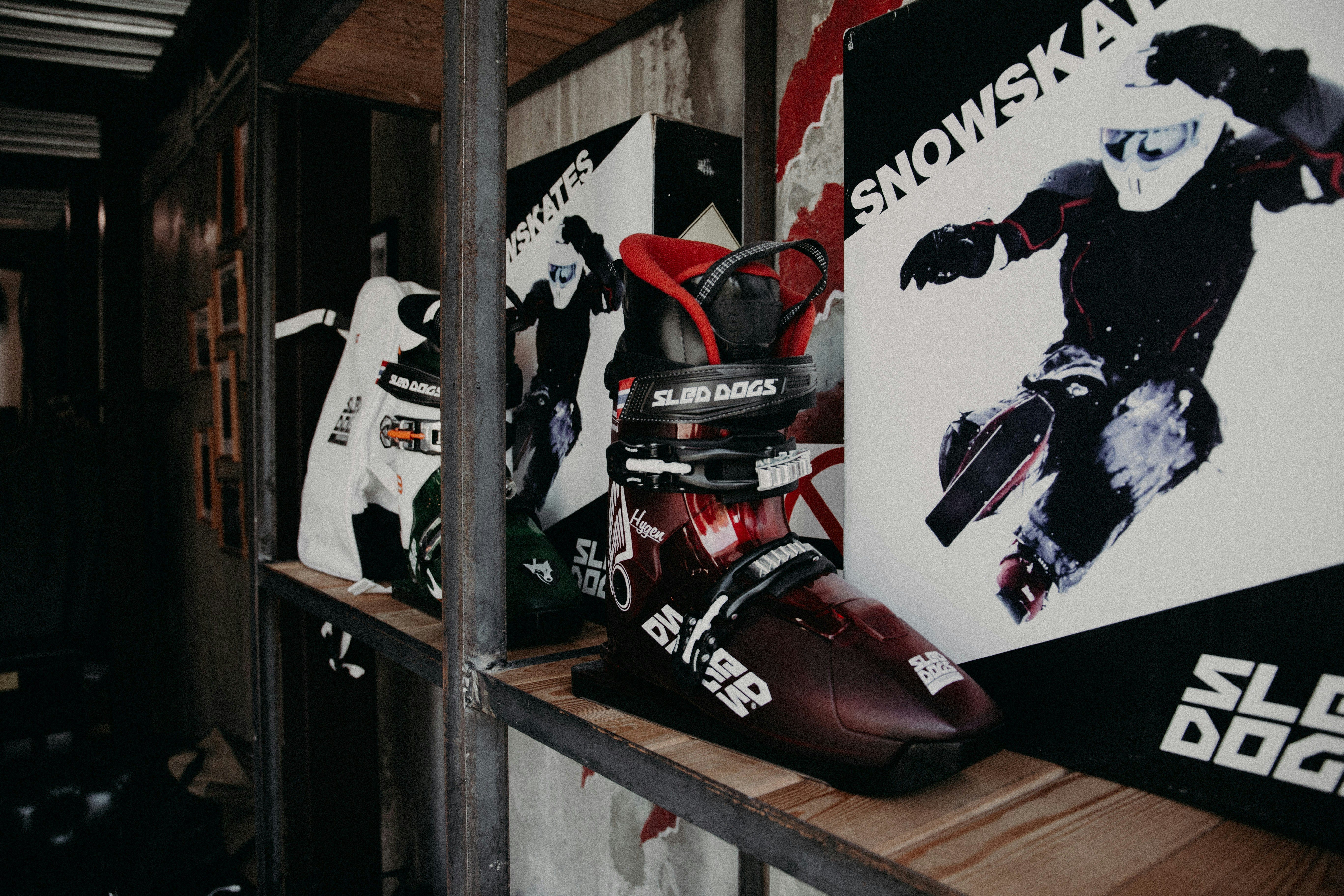Snowbound Boots on Display: A Row of Alpine Skis and Bindings