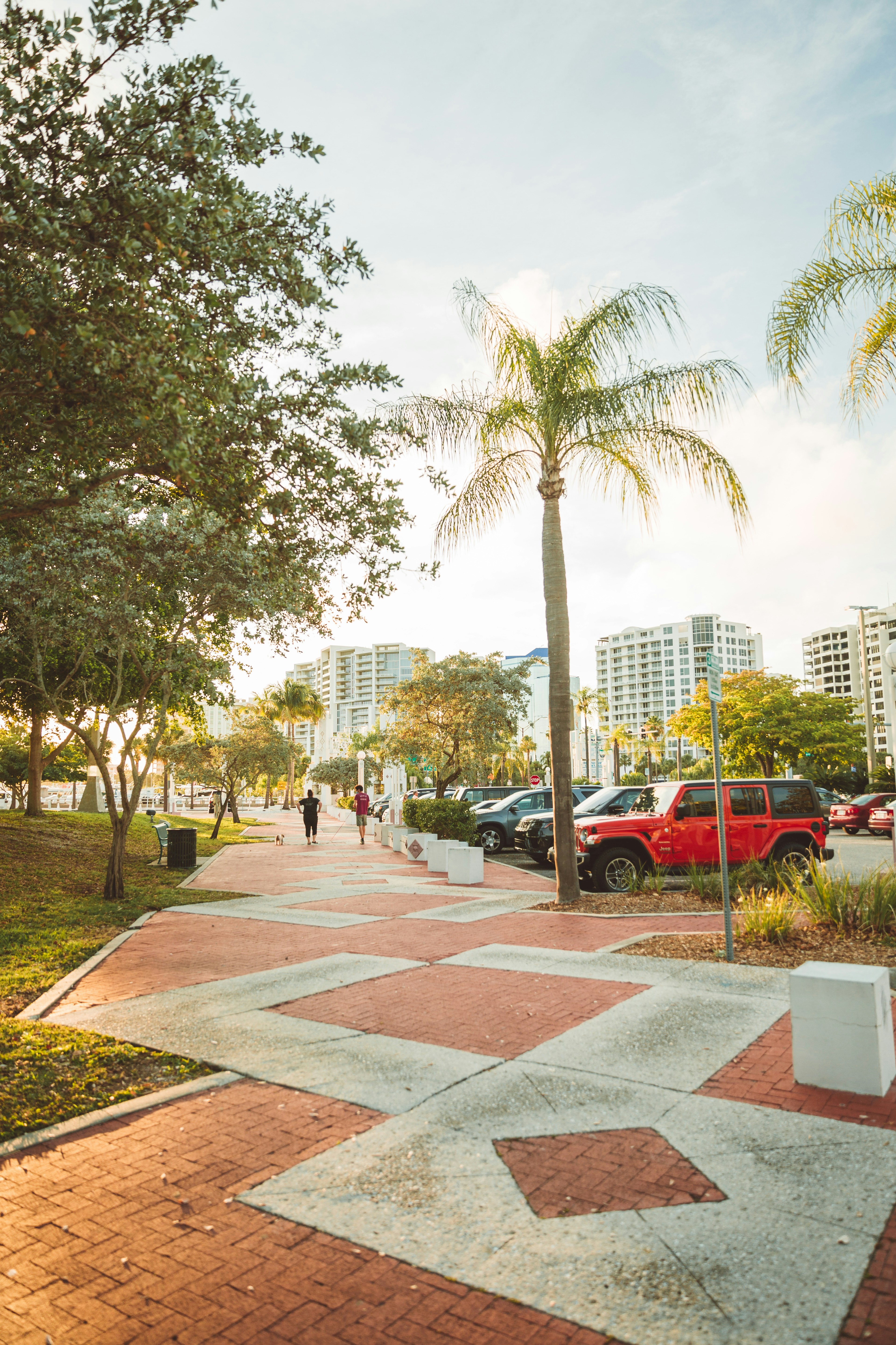 Palm trees sway gently along a vibrant walkway, where pedestrians enjoy a leisurely stroll amidst urban architecture and parked cars.