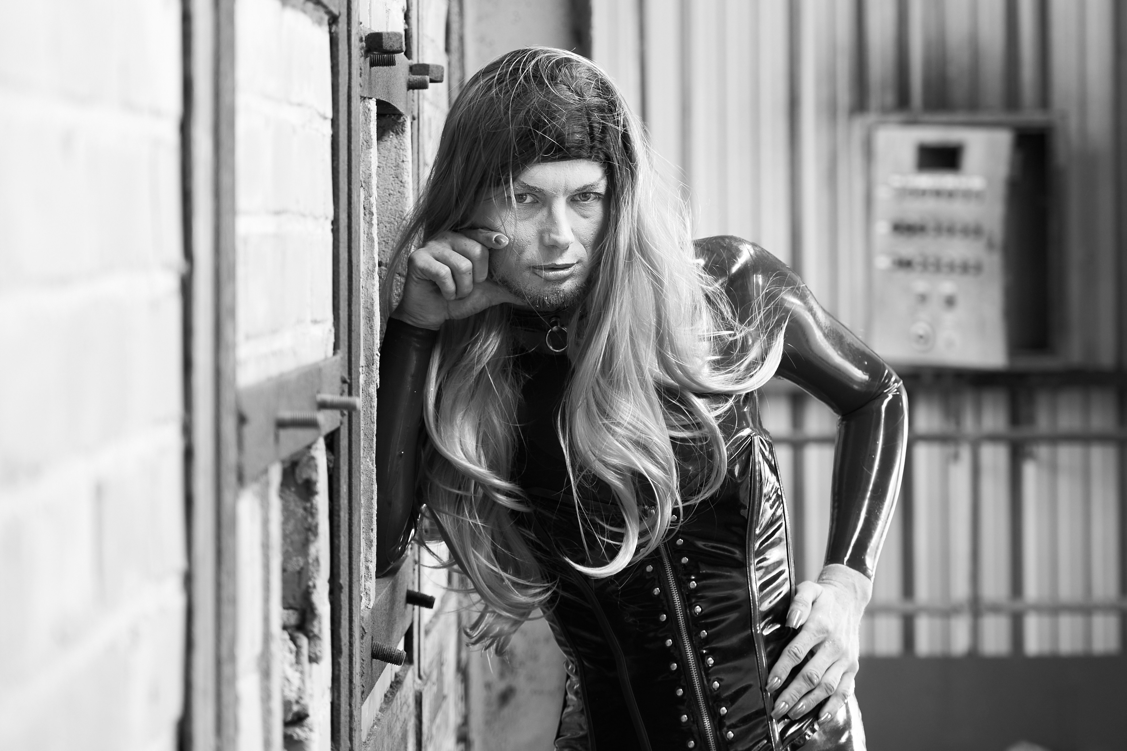 Alleybound Poise: Corseted Gaze in Monochrome