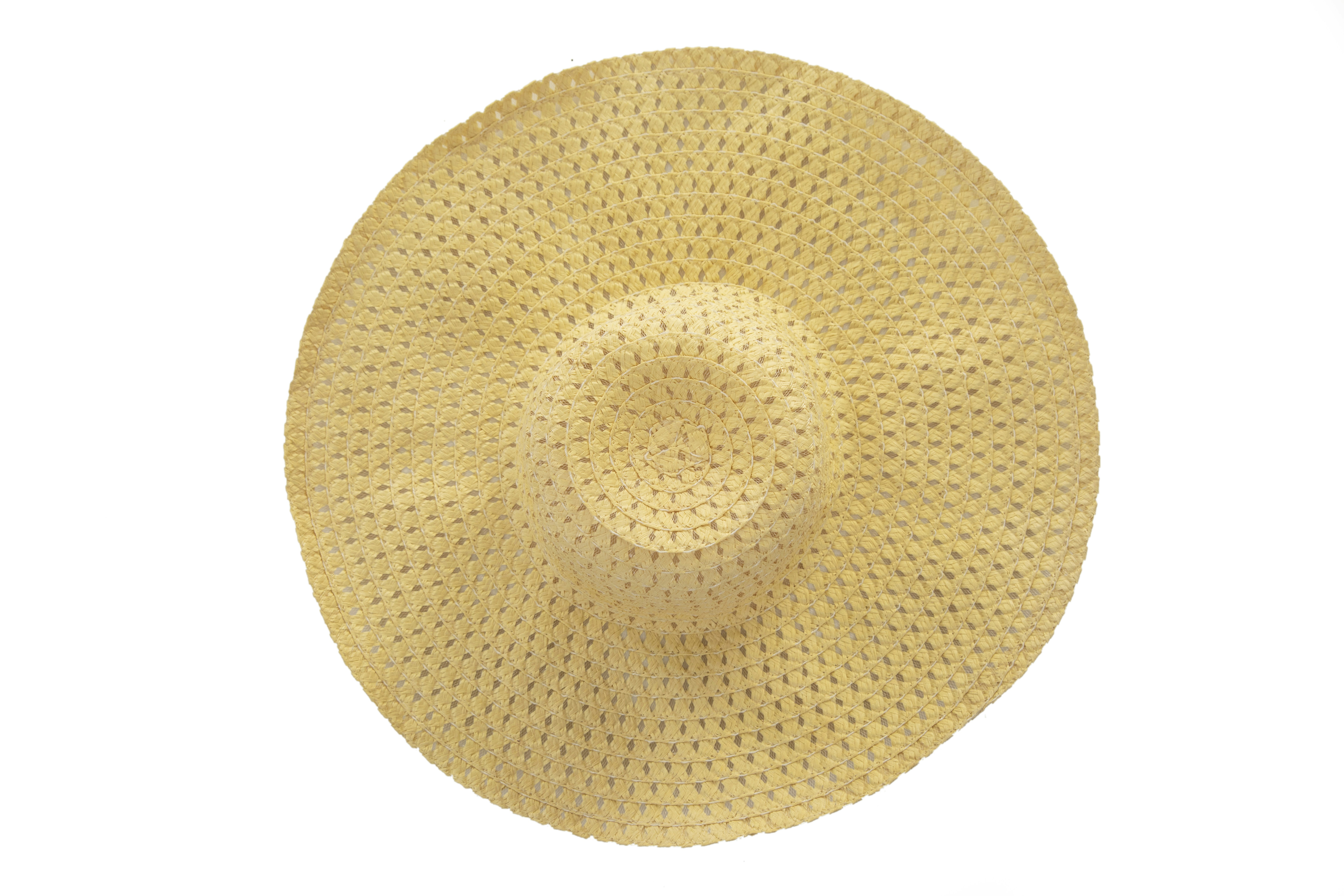 Wide-brimmed straw hat showcasing intricate woven patterns and a natural hue. Ideal for sun protection and stylish outdoor wear.
