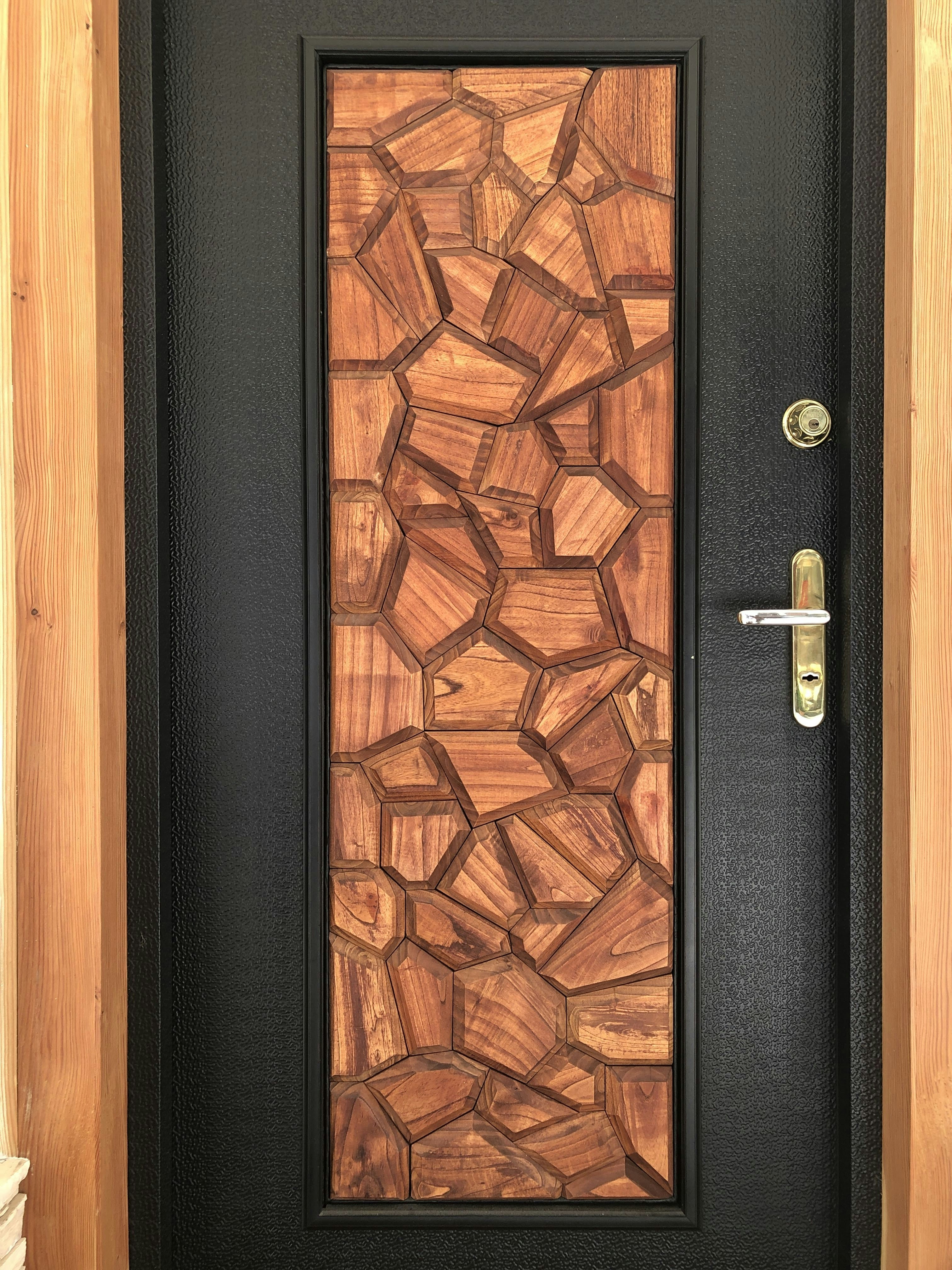 Intricate wooden panel inlaid within a sleek black door, showcasing a mosaic of natural textures and shapes. A modern take on traditional craftsmanship.