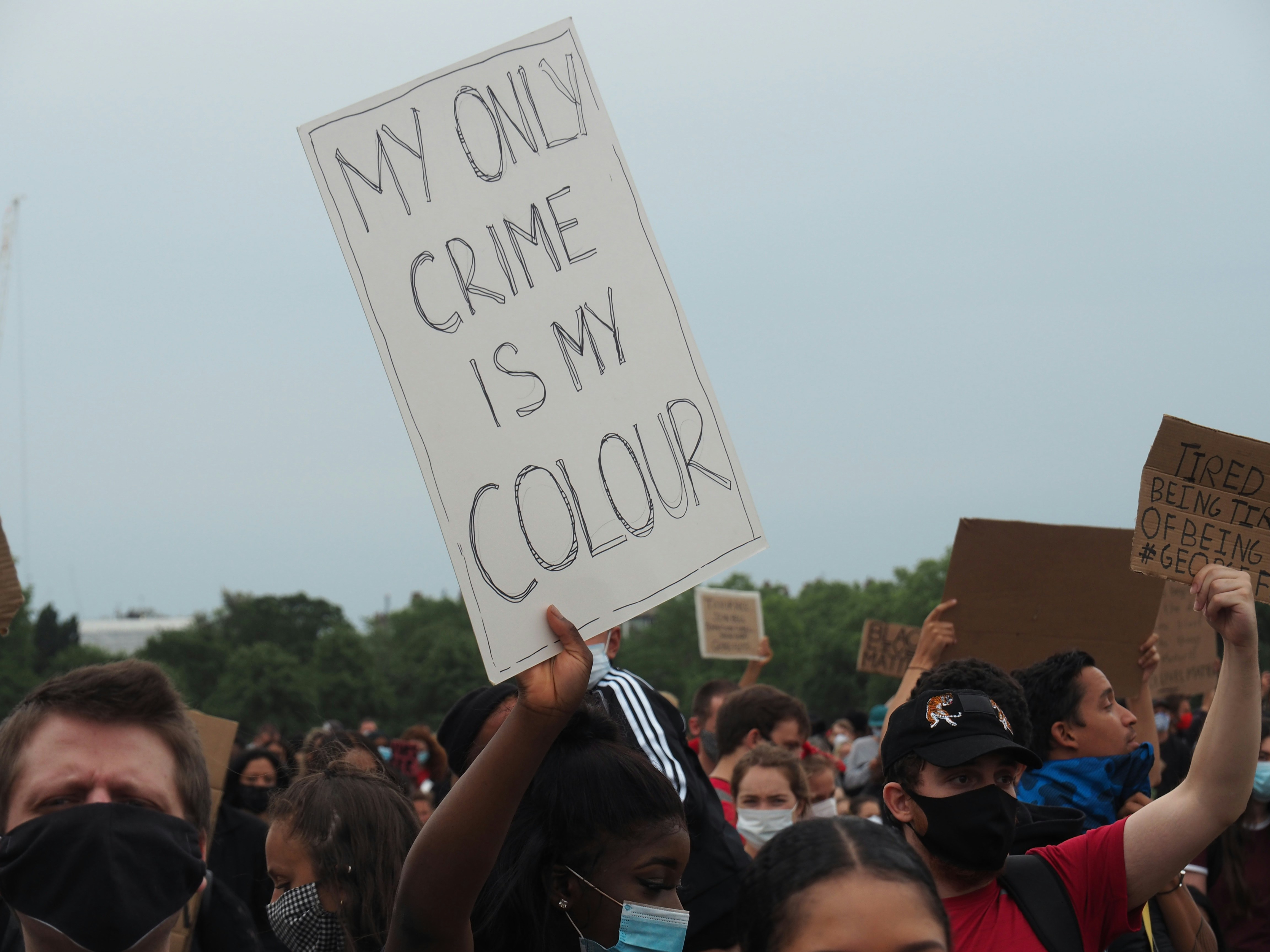 Sign of Color: A Protest Banner Rising Above Faces