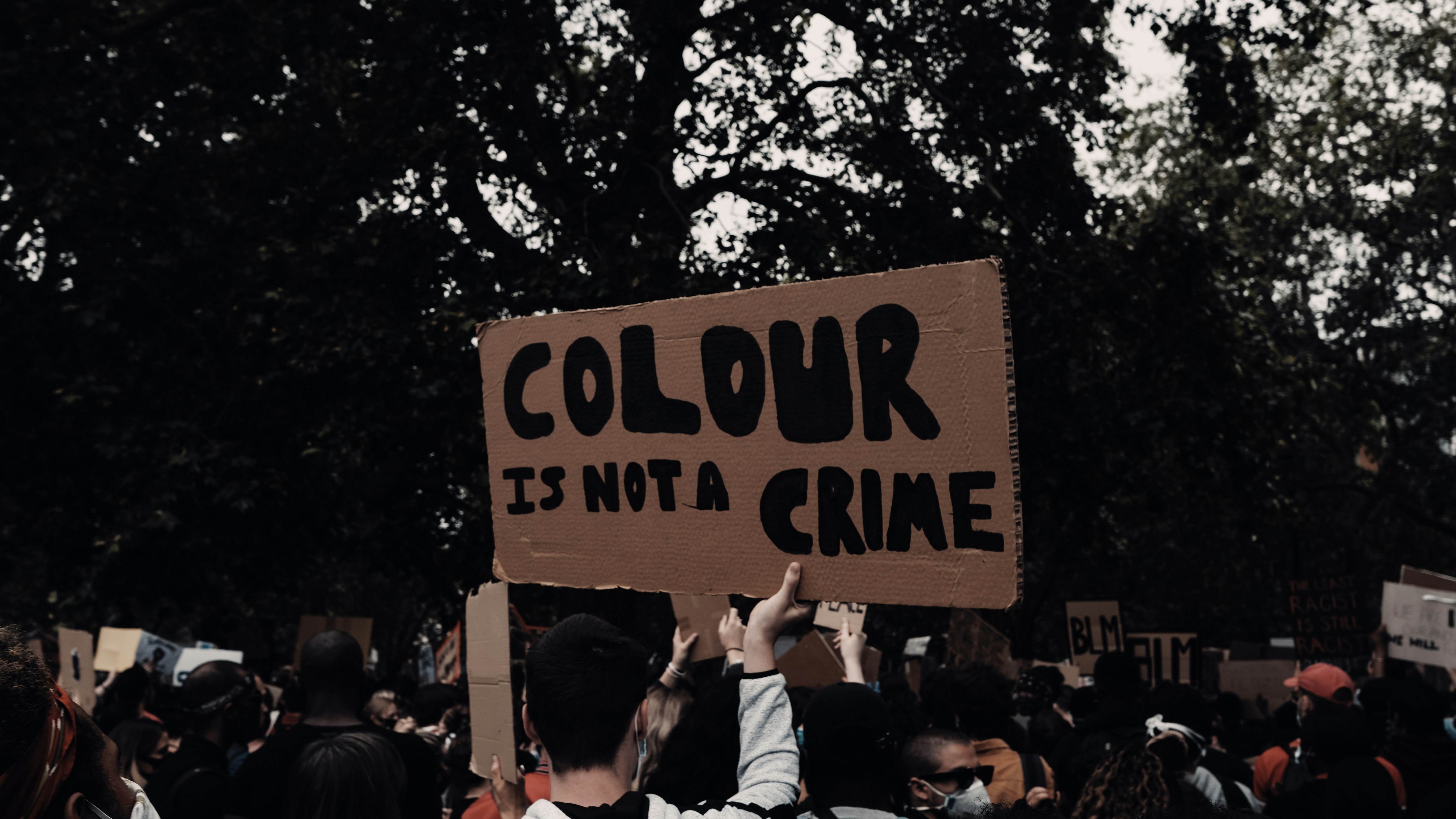 Colour Not a Crime: Protest Sign in a Dim Urban Rally