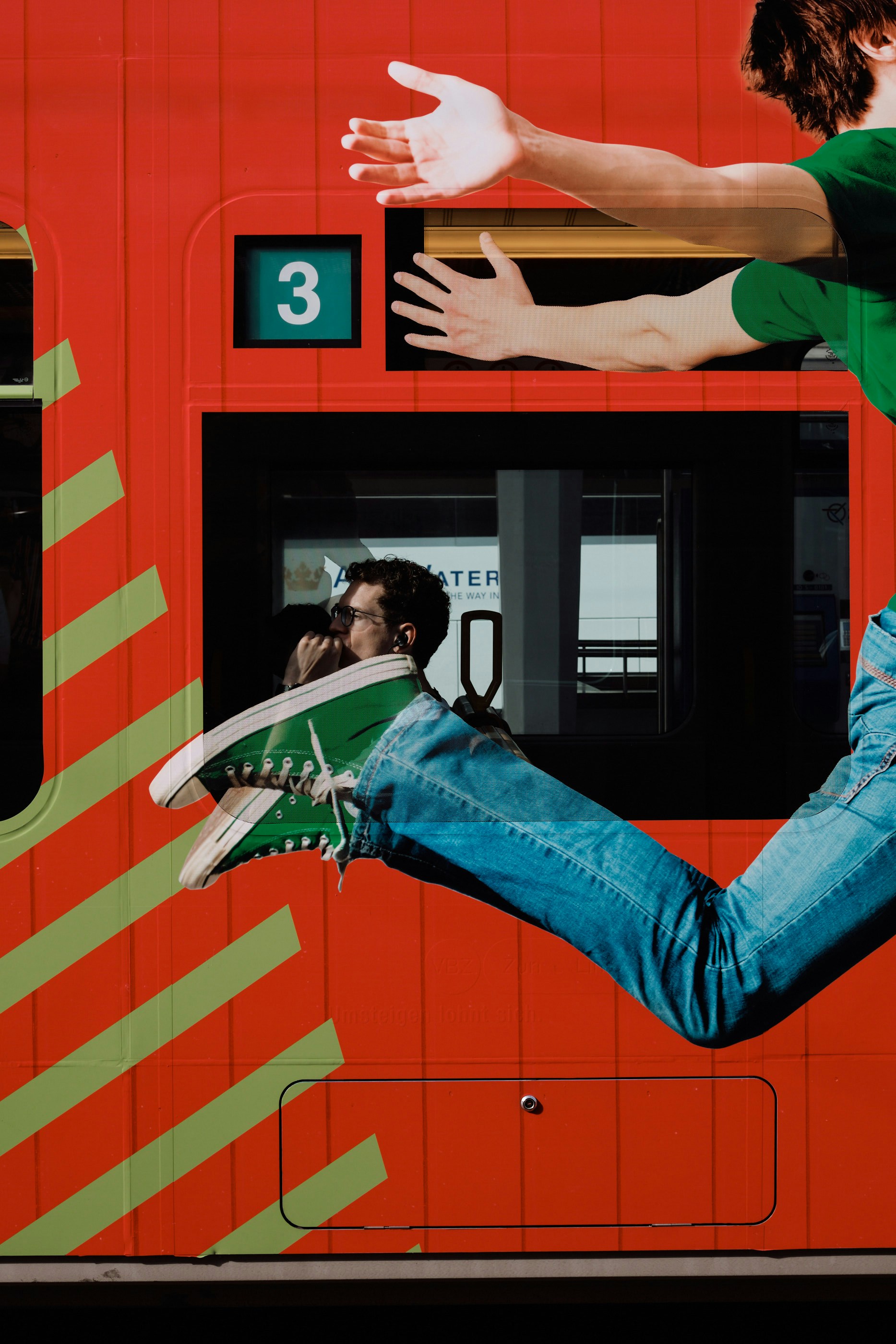 Midair Kick Across the Red Carriage: A Burst of Color and Motion