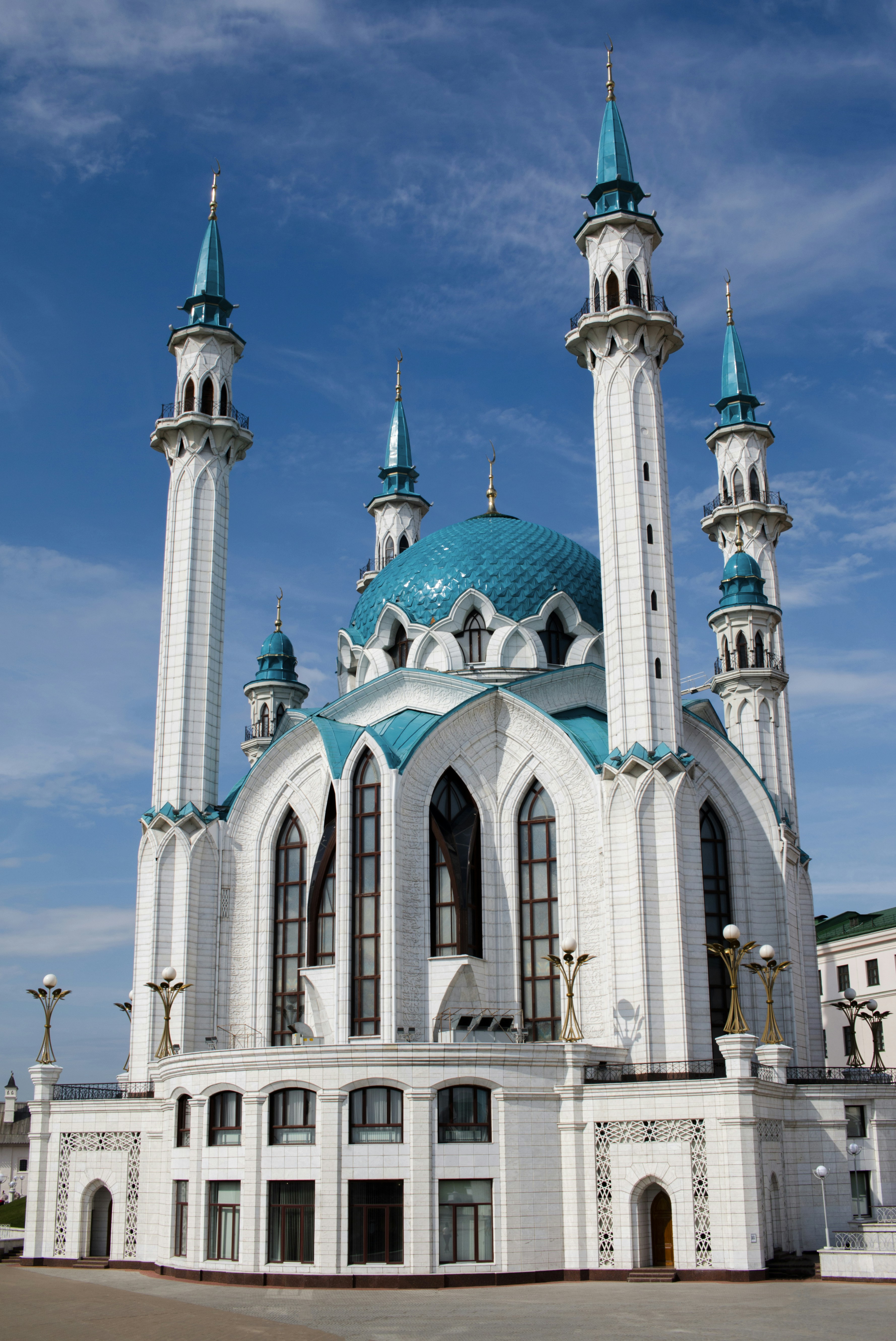 Azure Domes and Spires: White Facade Rising Under a Cerulean Sky