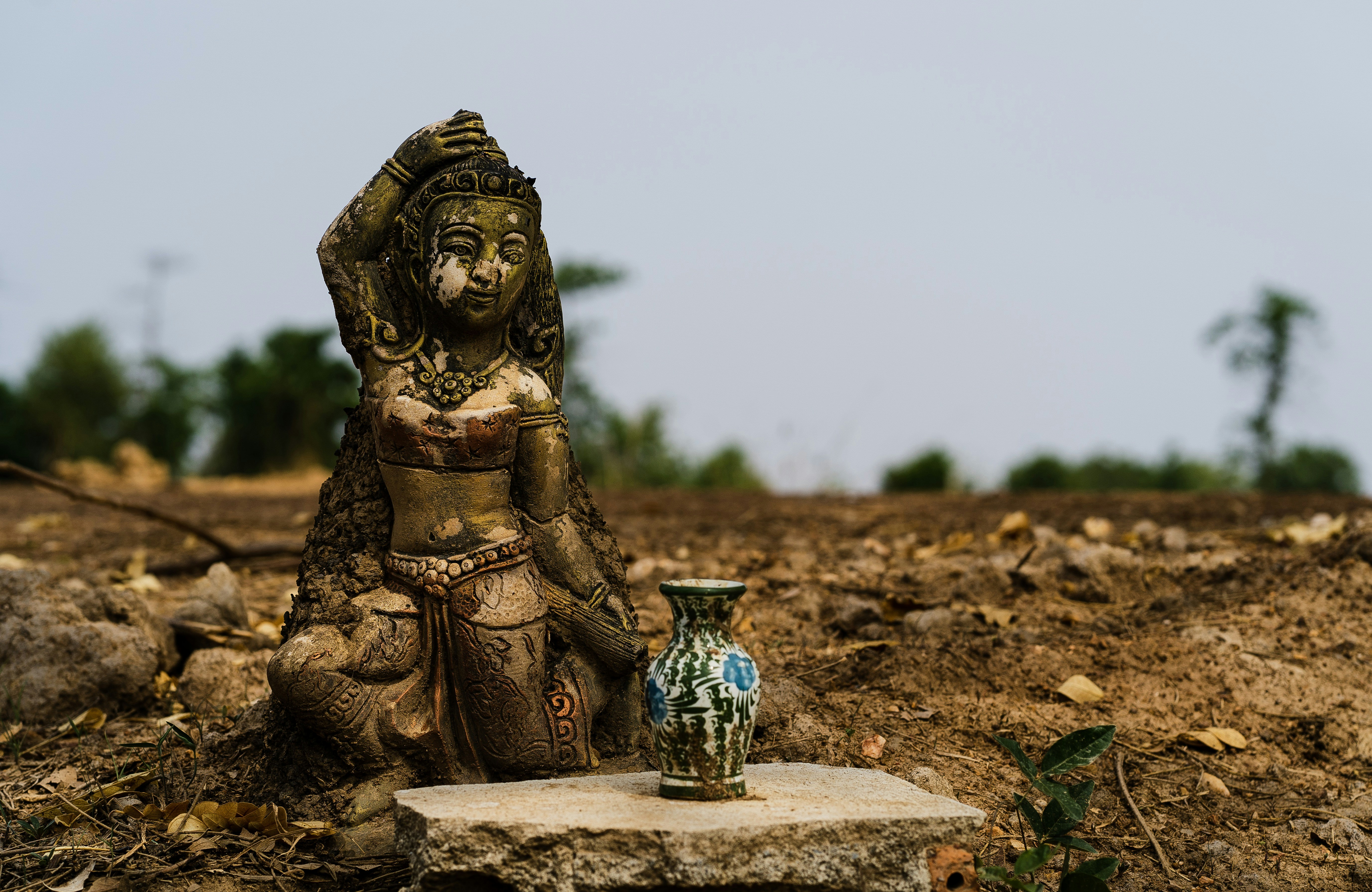 The Sentinel and the Tiny Vase: Weathered Stone in a Dusty Field