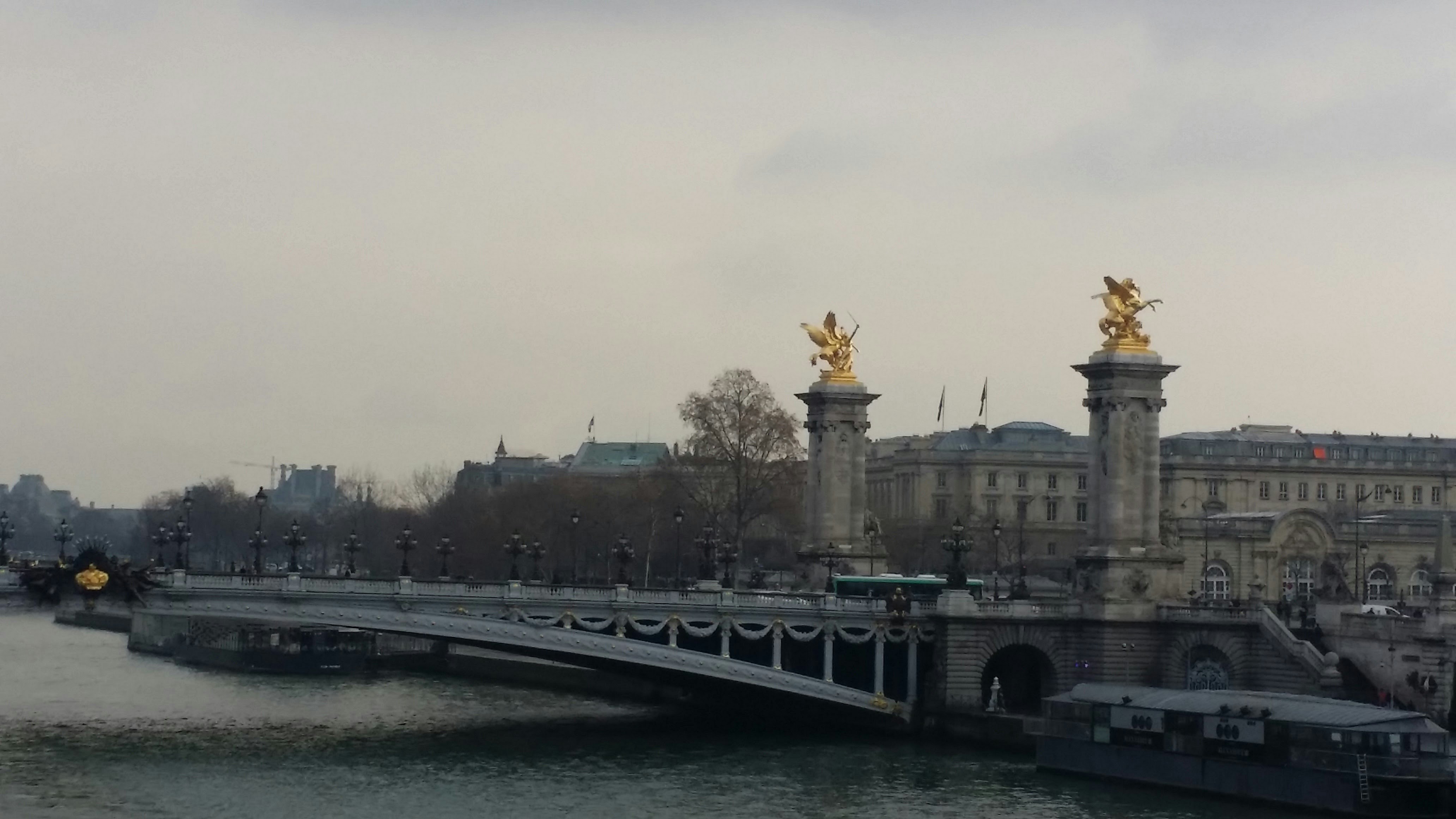 Elegant bridge adorned with golden statues stands over the Seine River, framed by historic architecture and a moody sky.