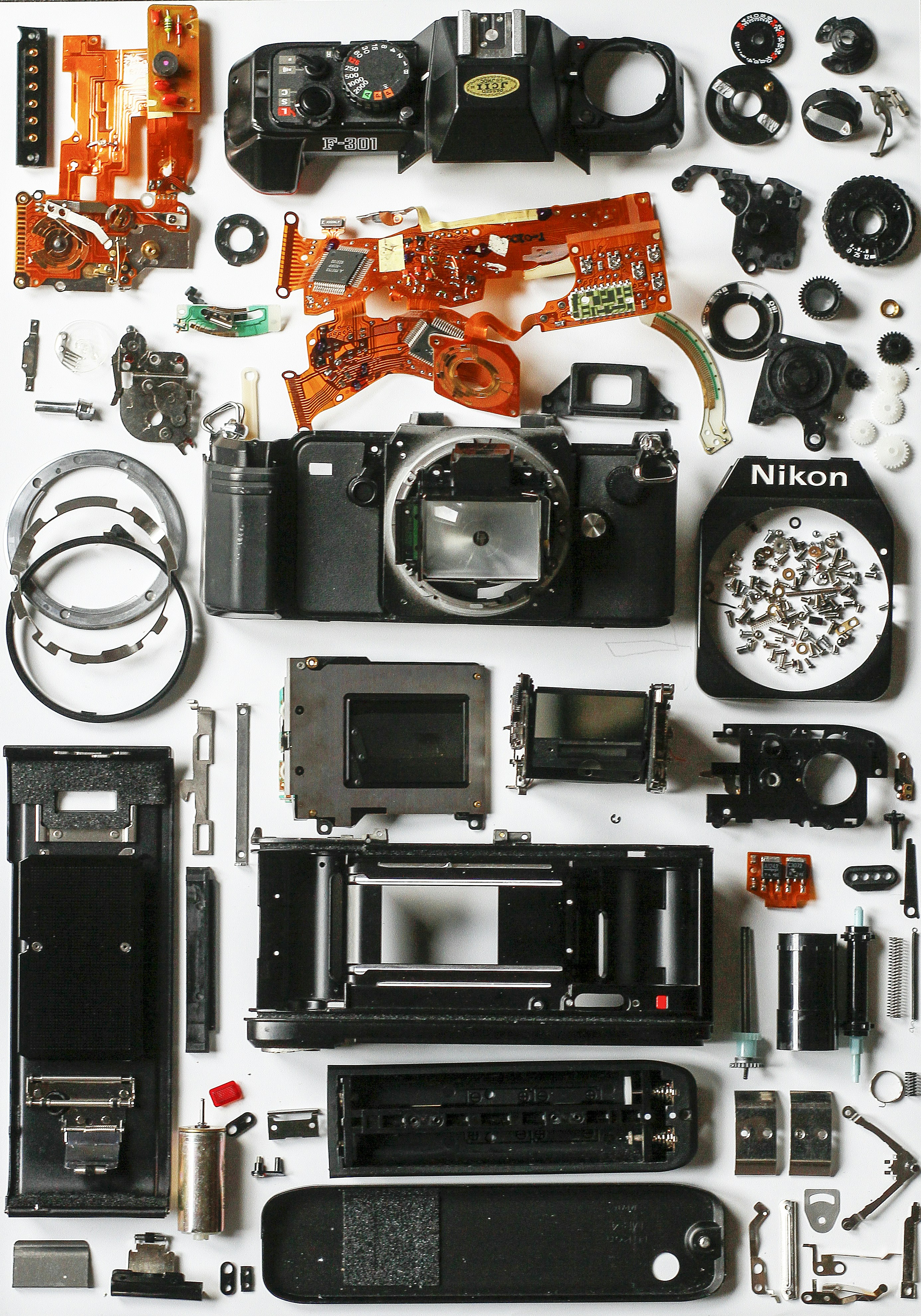 Nikon DSLR Anatomy: A White-Background Mosaic of Disassembled Parts
