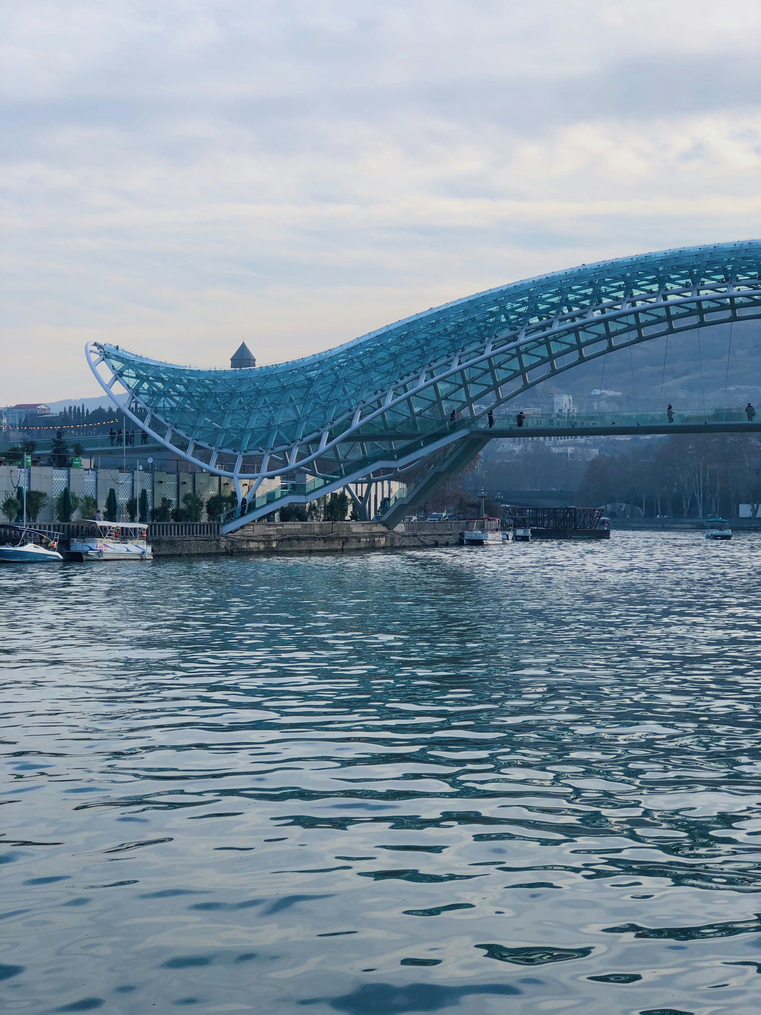 Azure Lace Over the Waterfront: The Curved Bridge Framing the Calm Bay
