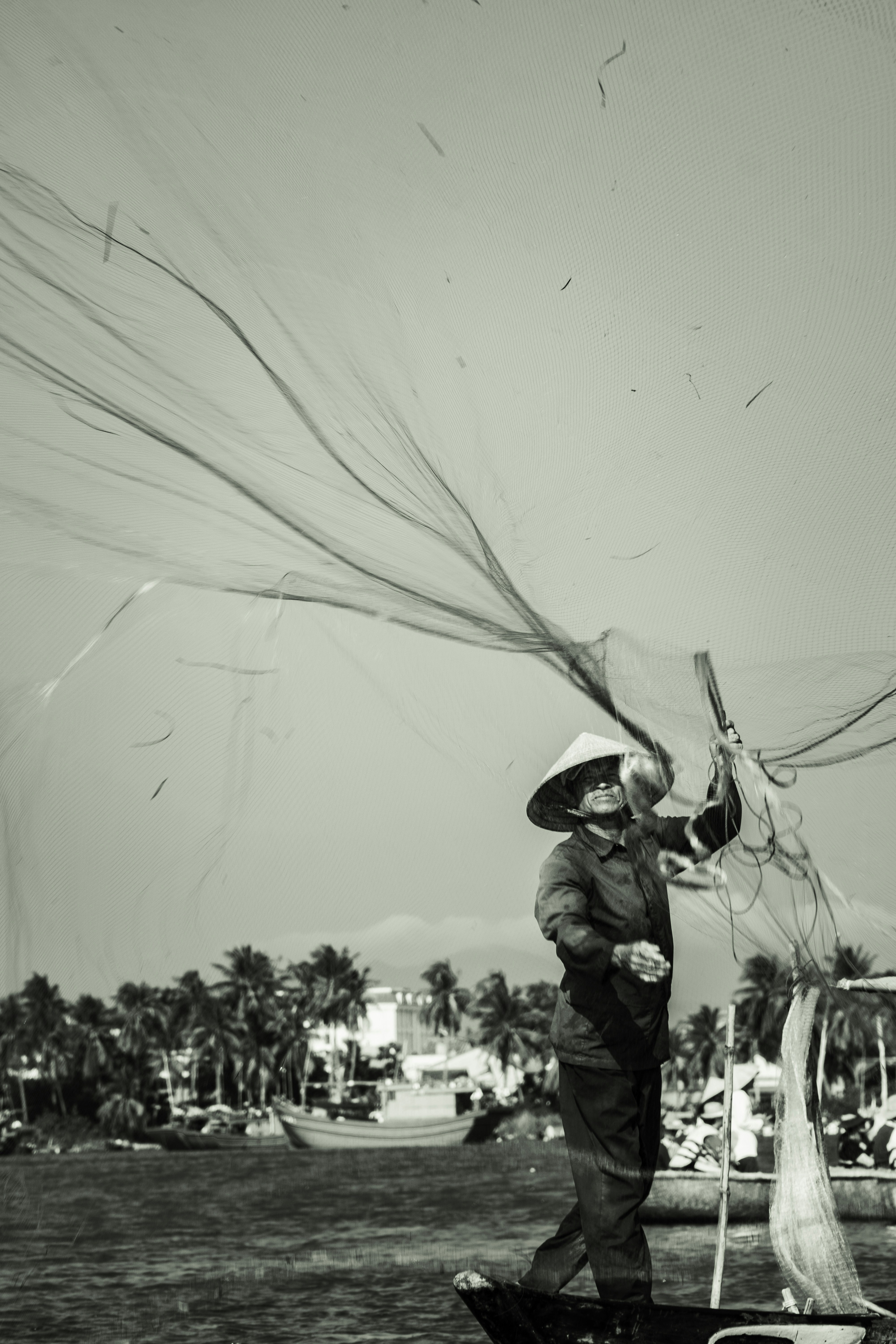 Lone Fisherman and Wind-Whipped Nets on a Palm-Shoreline