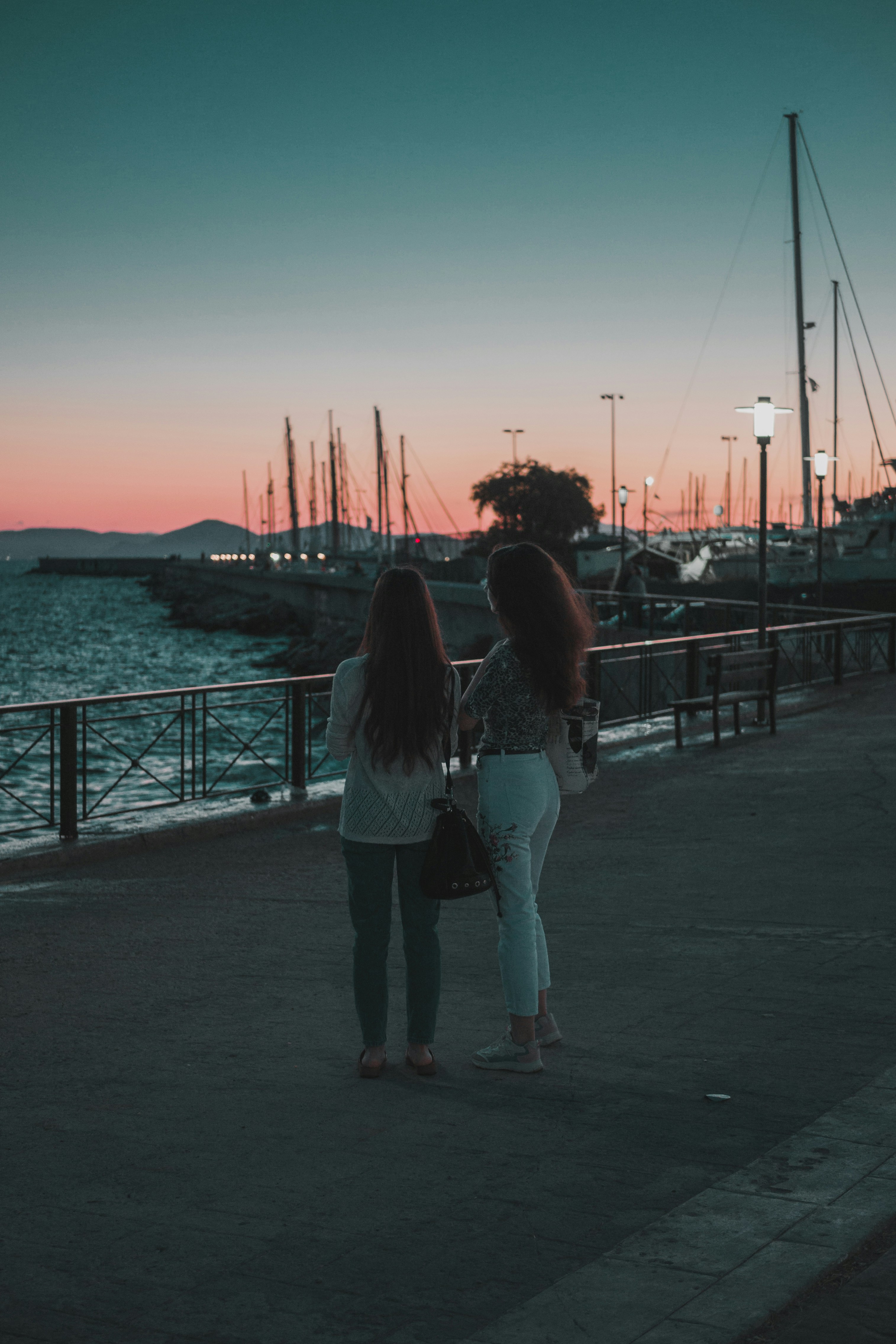 Sunset by the Marina: Two Friends at Dusk