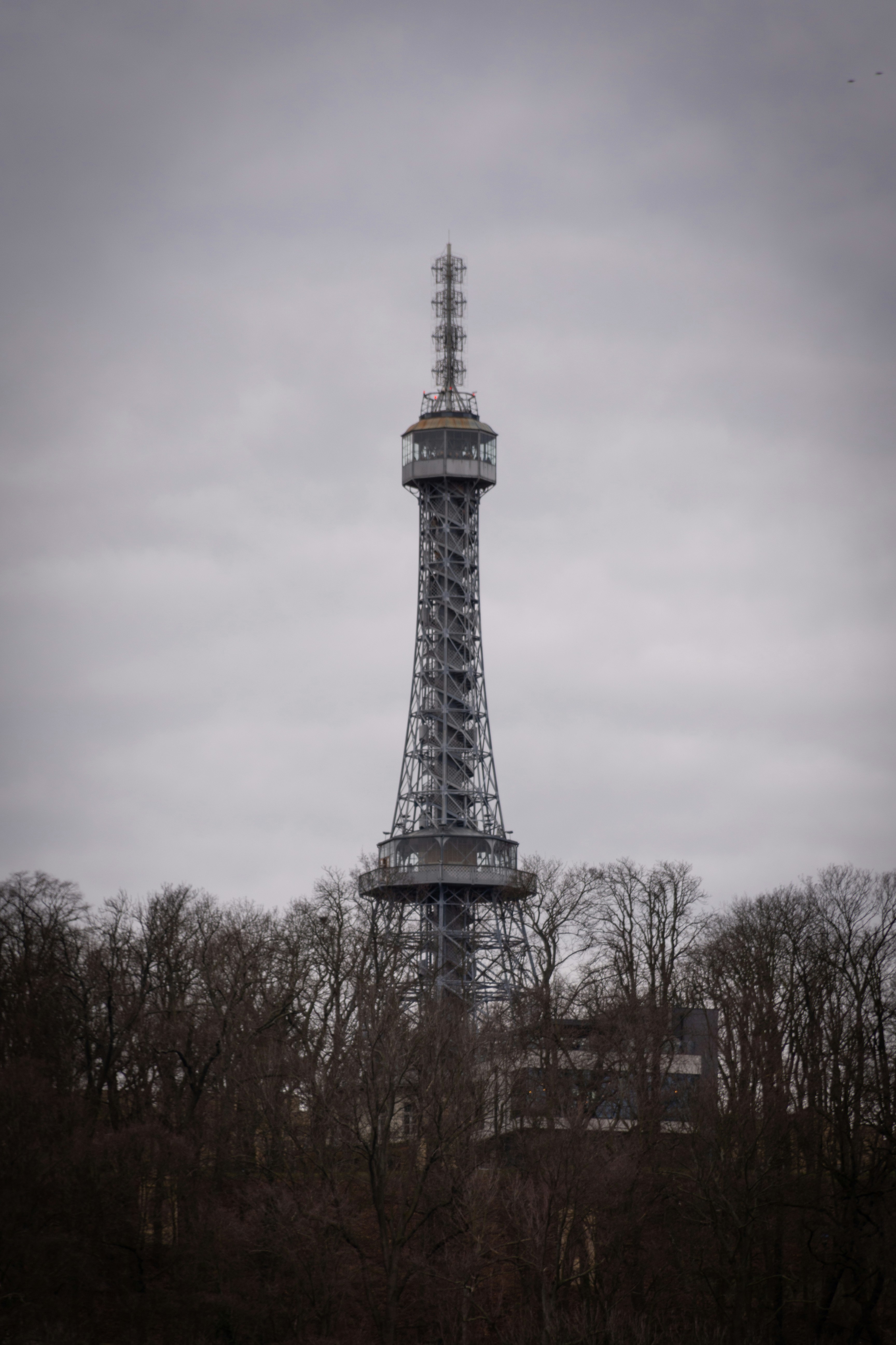 A tall broadcasting tower rises above the treetops, surrounded by a moody sky and bare branches. The structure stands as a testament to modern engineering against a natural backdrop.