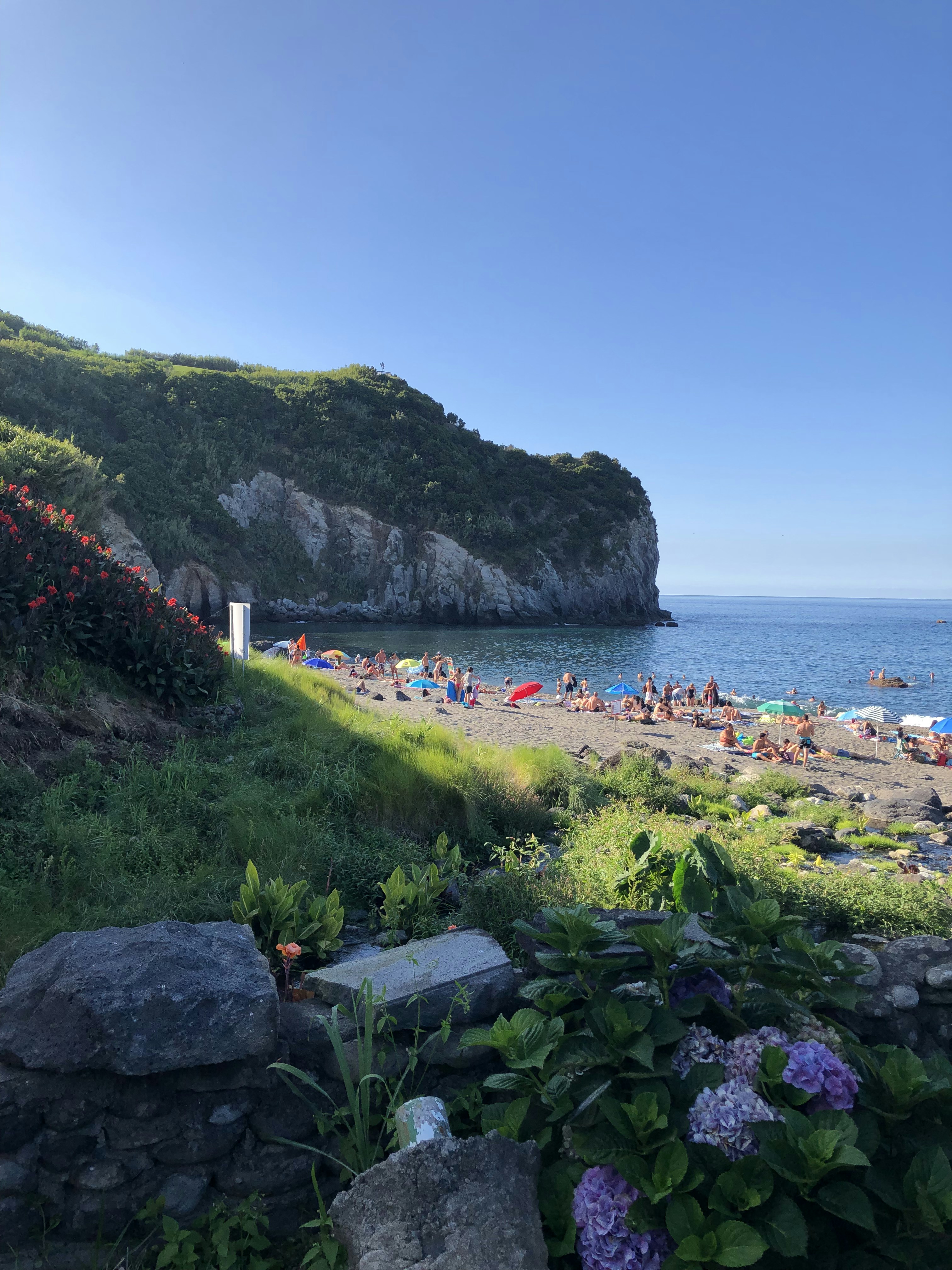Vibrant beach scene with sunbathers enjoying the sun, framed by lush greenery and rocky cliffs. Clear blue waters enhance the tranquil atmosphere.