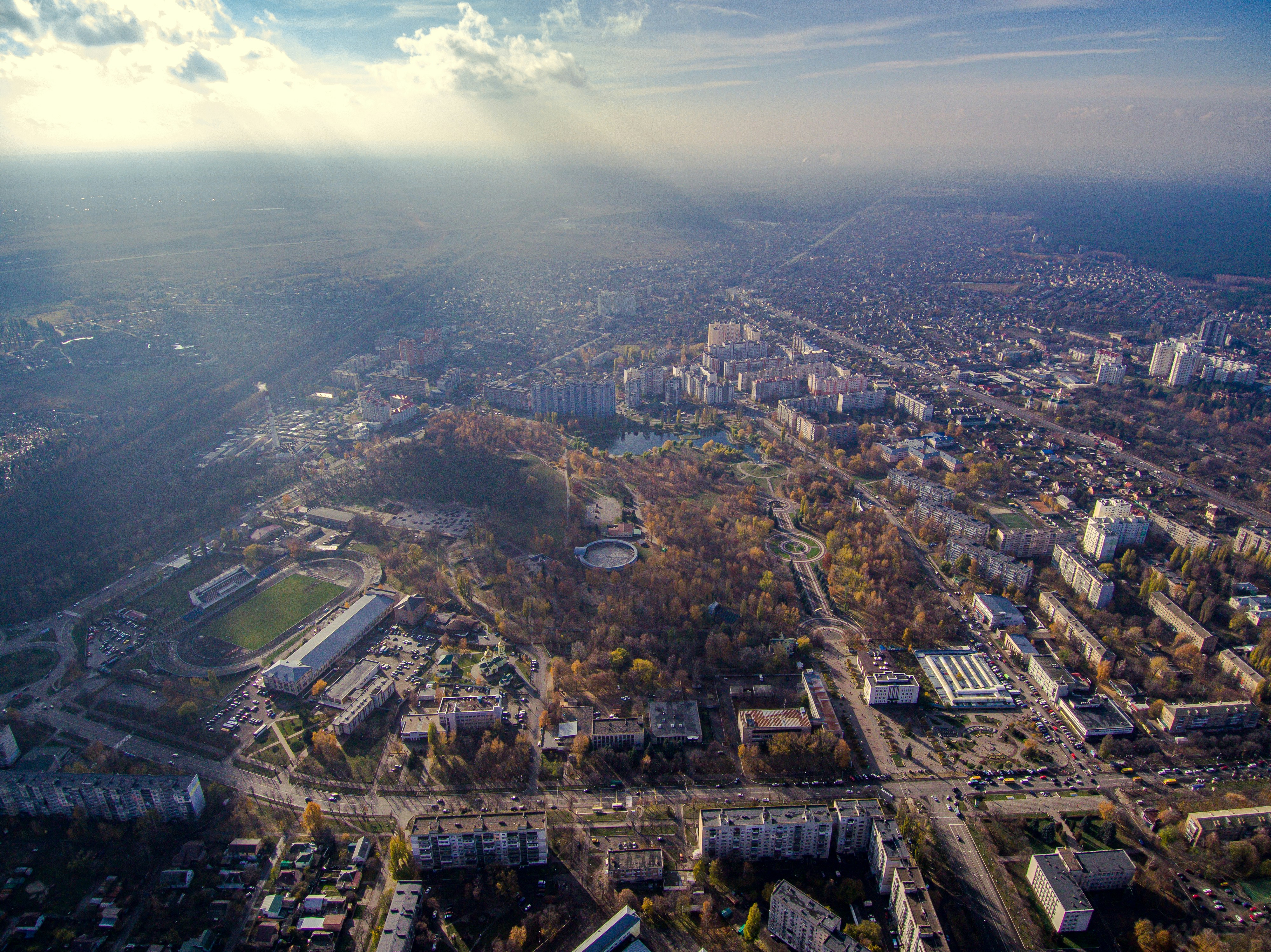 Victory Park in Brovary, photographed in backlight and in sunlight.