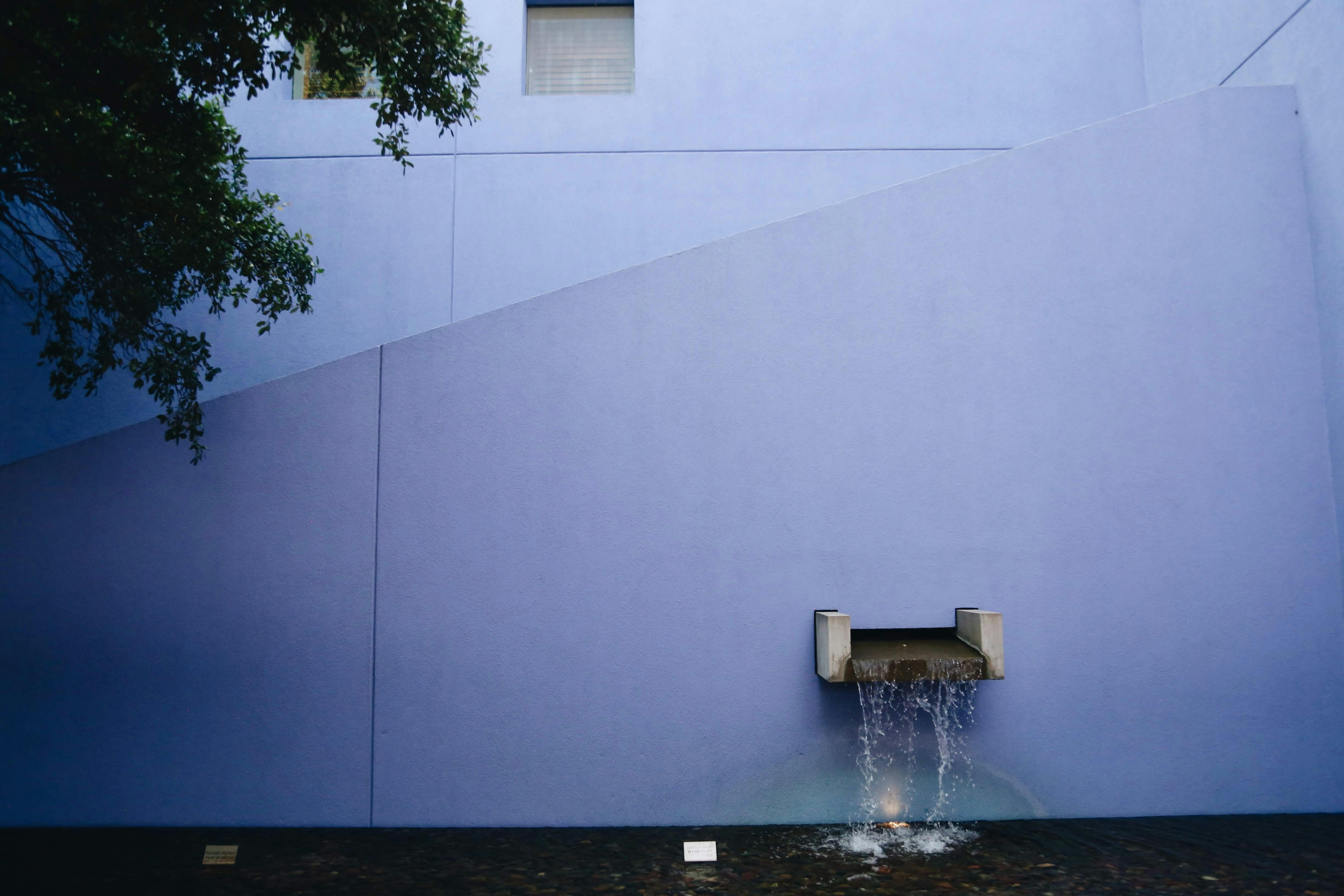 Water flows from a spout against a geometric blue wall, framed by tree branches.
