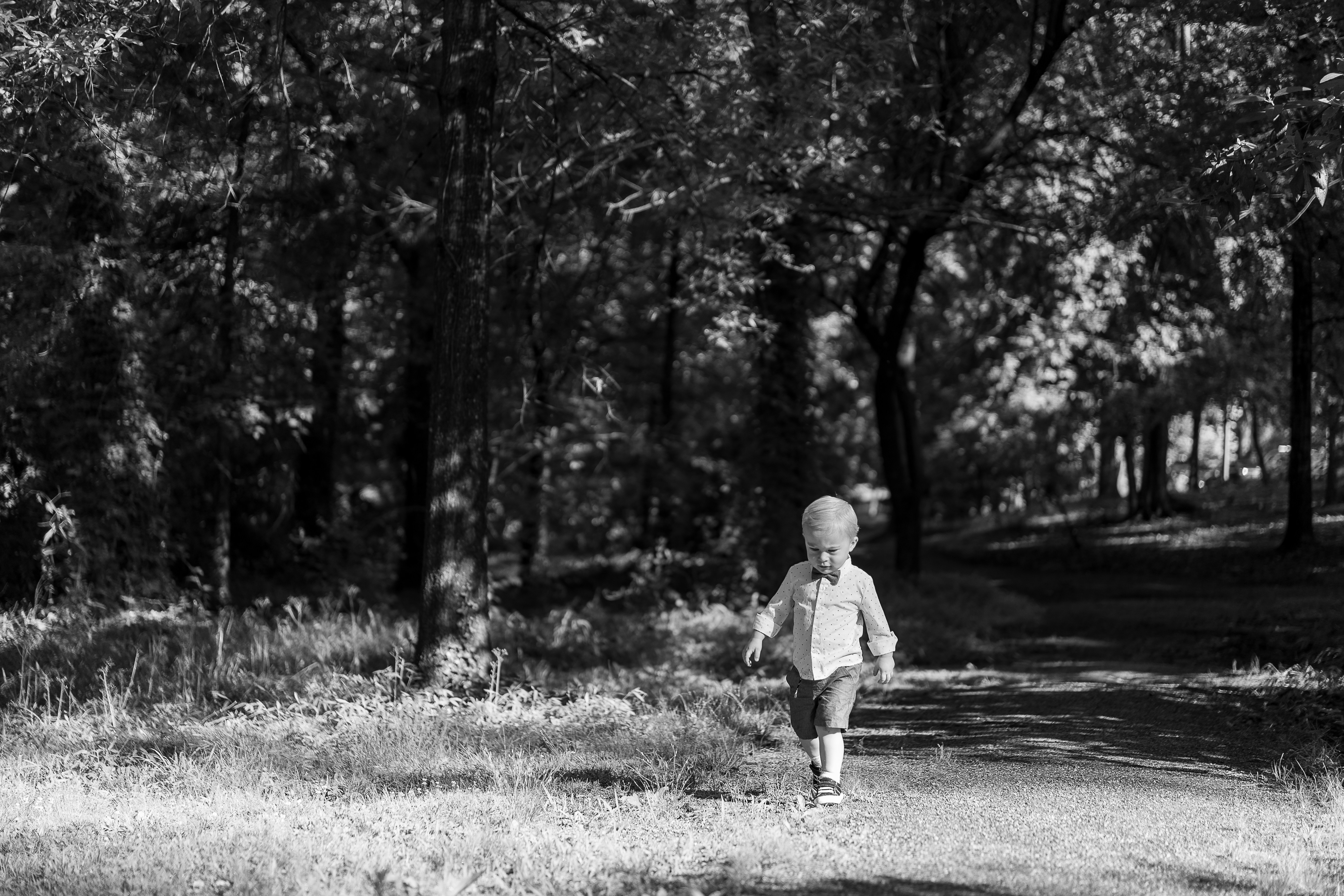 Grayscale photo of child walking on pathway surrounded by trees photo – Free Black Image on Unsplash