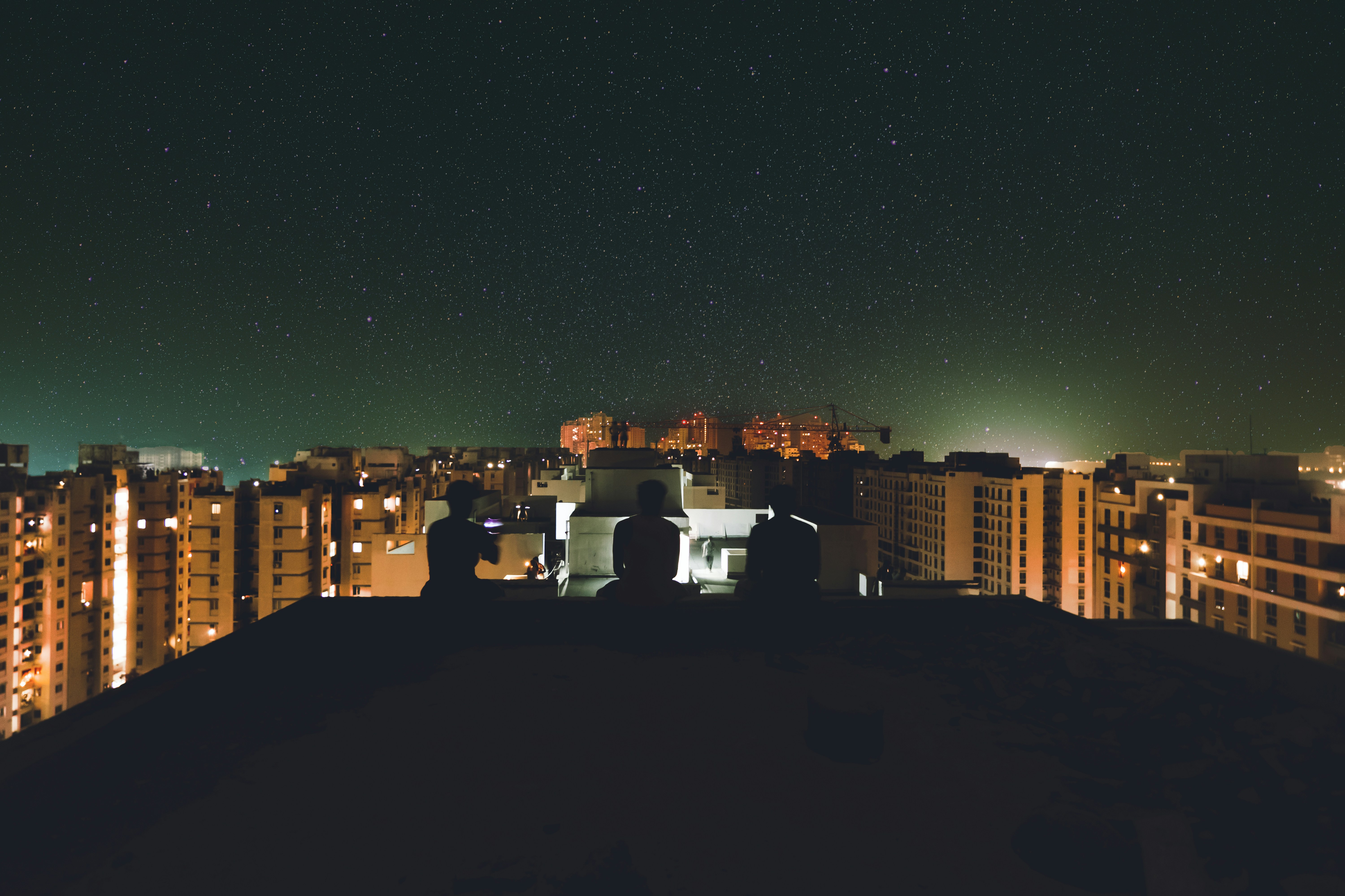 Rooftop Silhouettes Under a Starry City Horizon