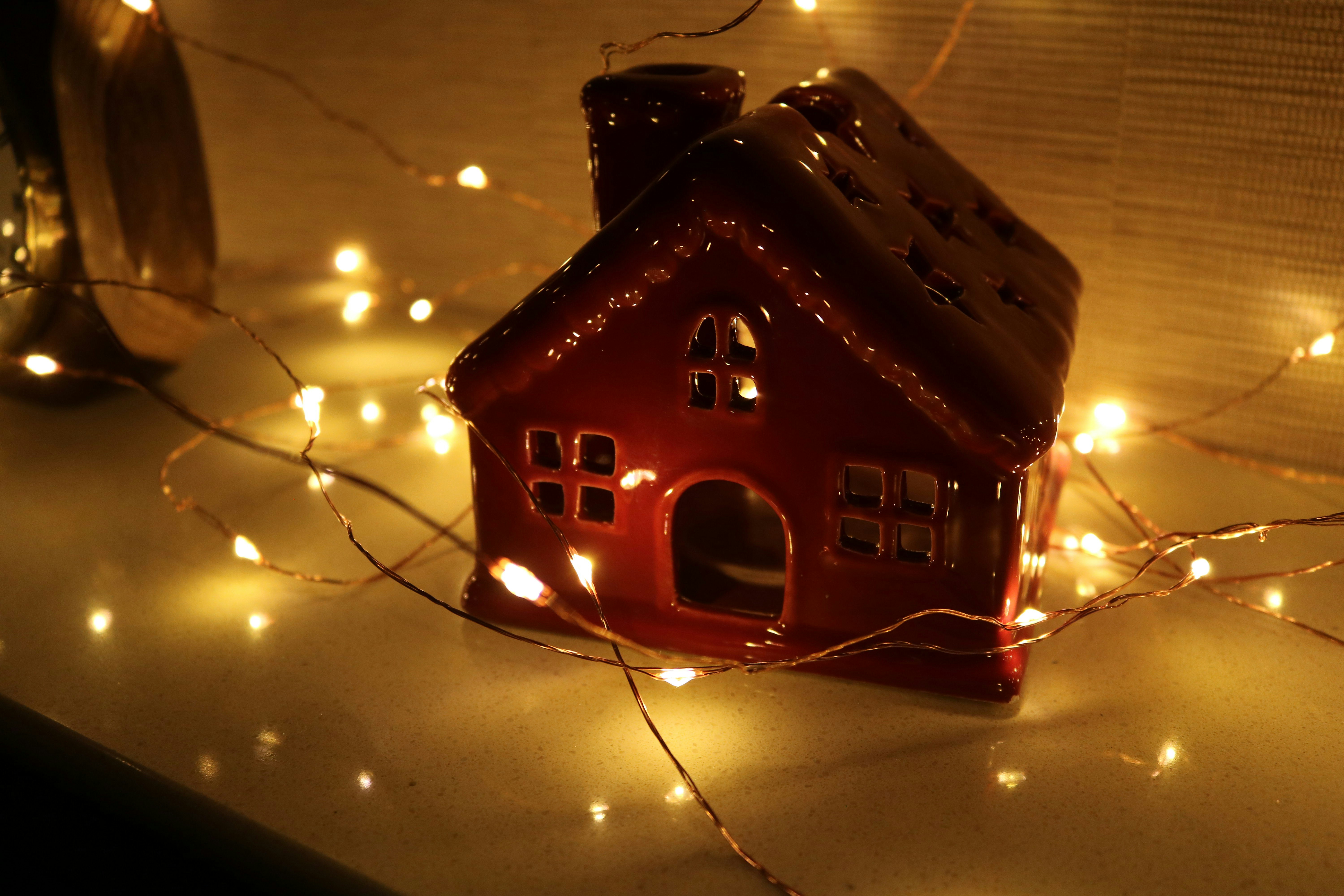 Red wooden house with string lights photo – Free Ballymena Image on ...