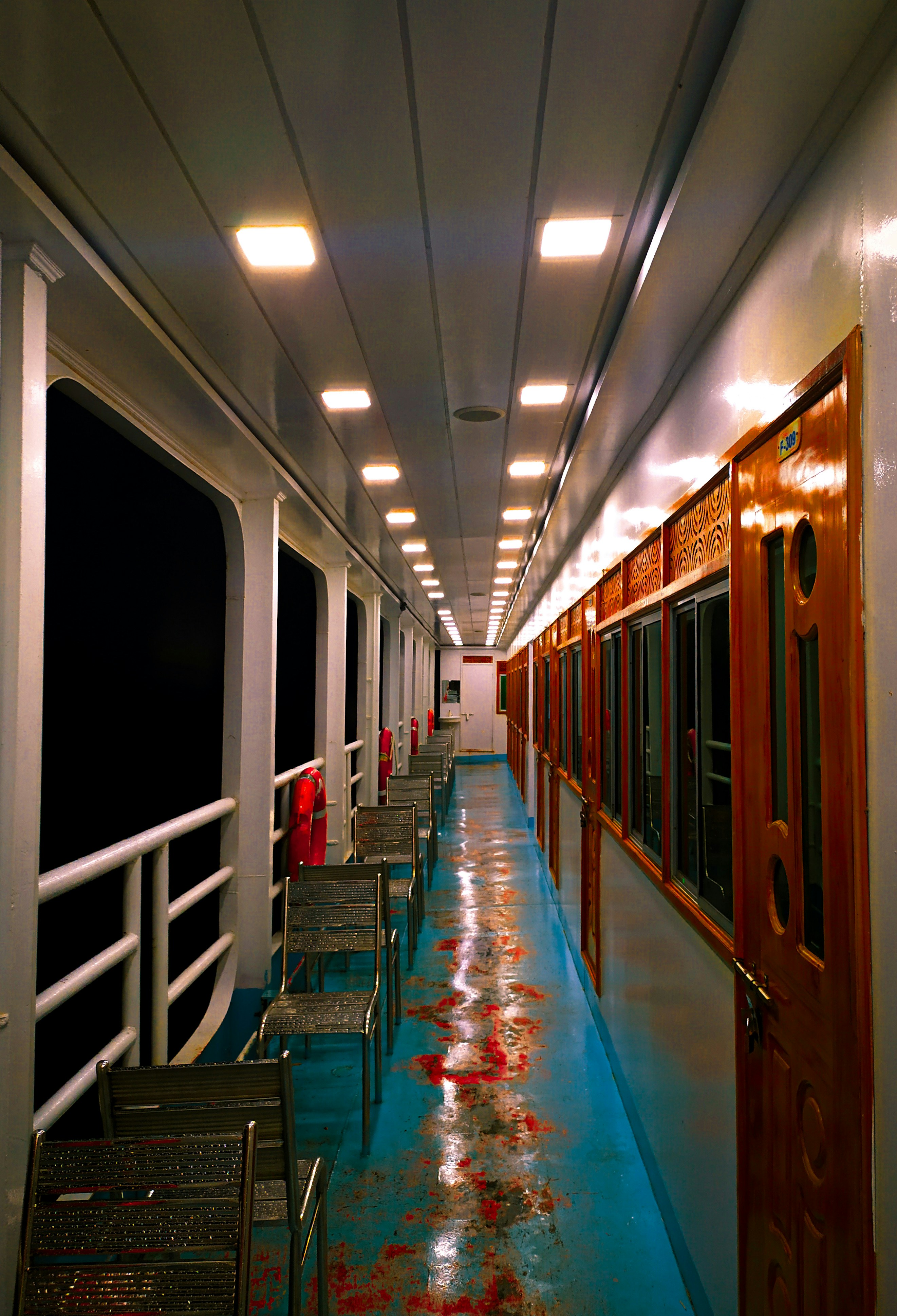 blue and white hallway with blue and white walls