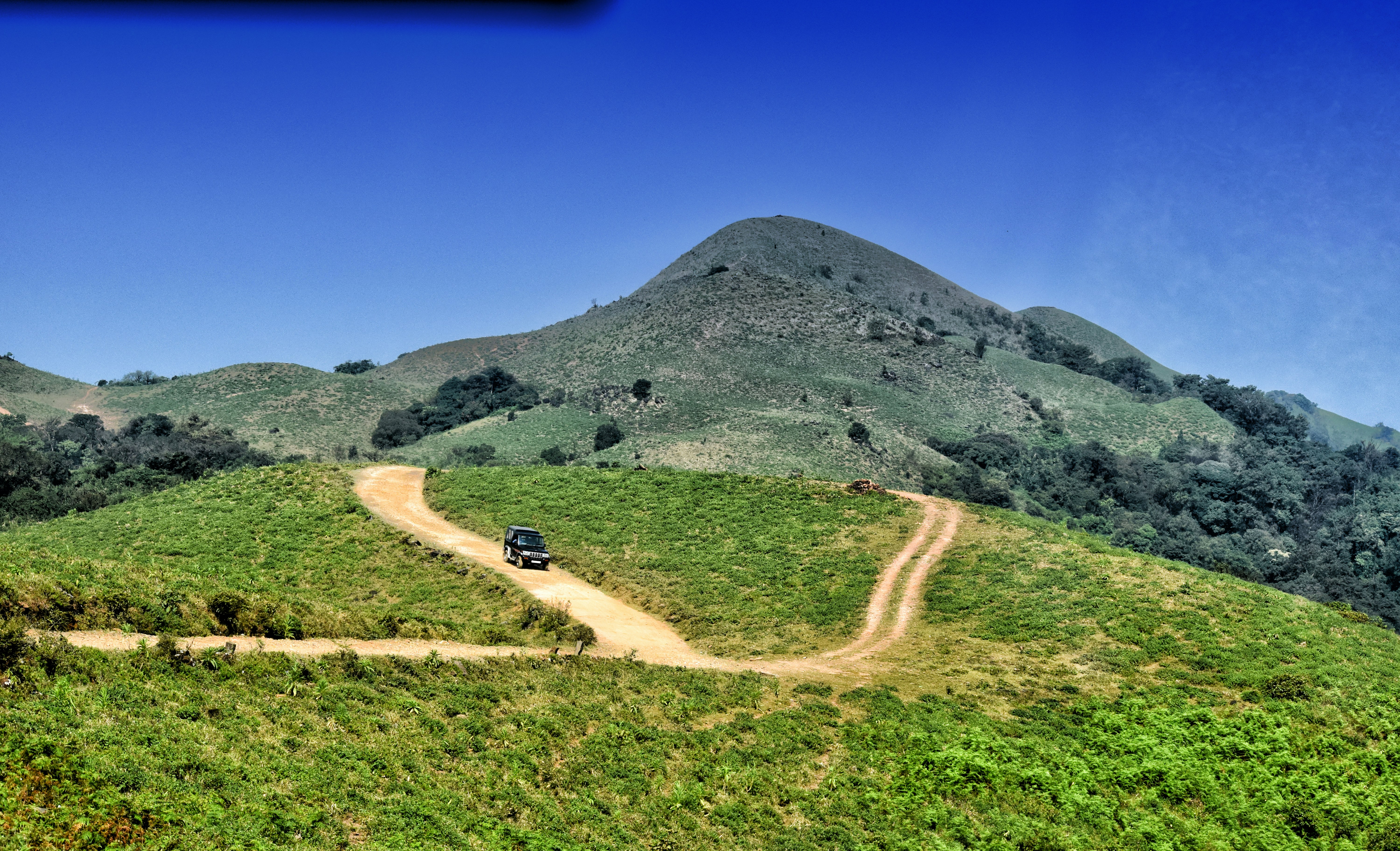 Converging Dirt Roads Lead a Lone SUV Across Emerald Hills Under a Cerulean Sky