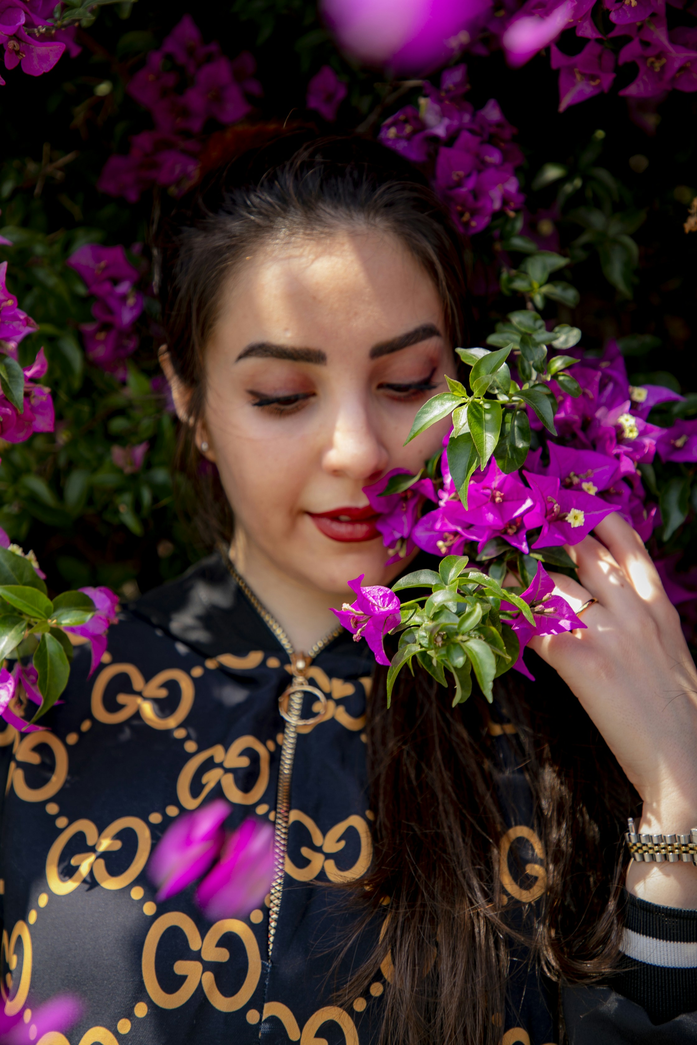 Magenta Quietude: Portrait Framed by Bougainvillea in Gucci Silk