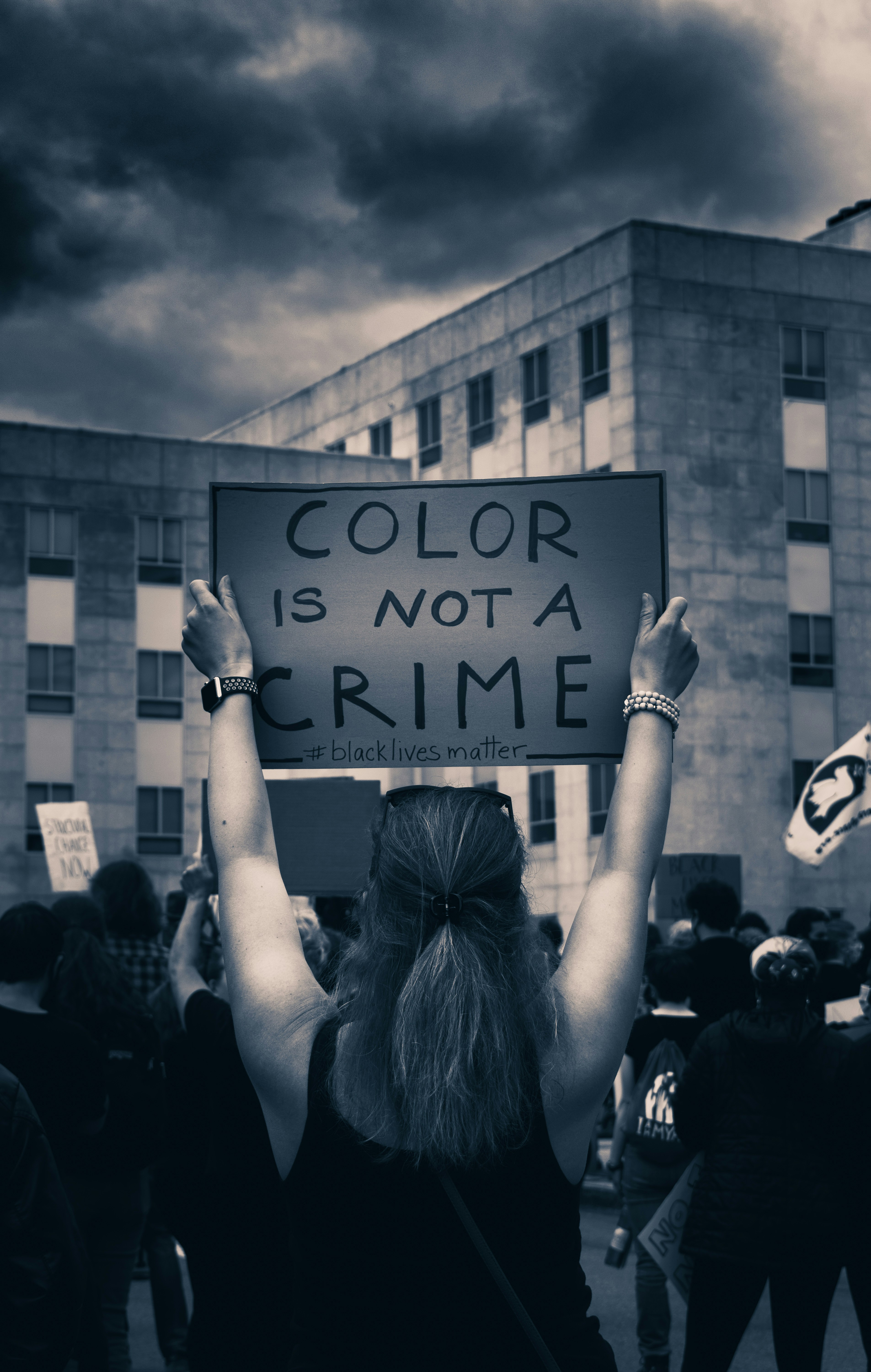 Protest Sign: Color Is Not a Crime Rising Above the Crowd