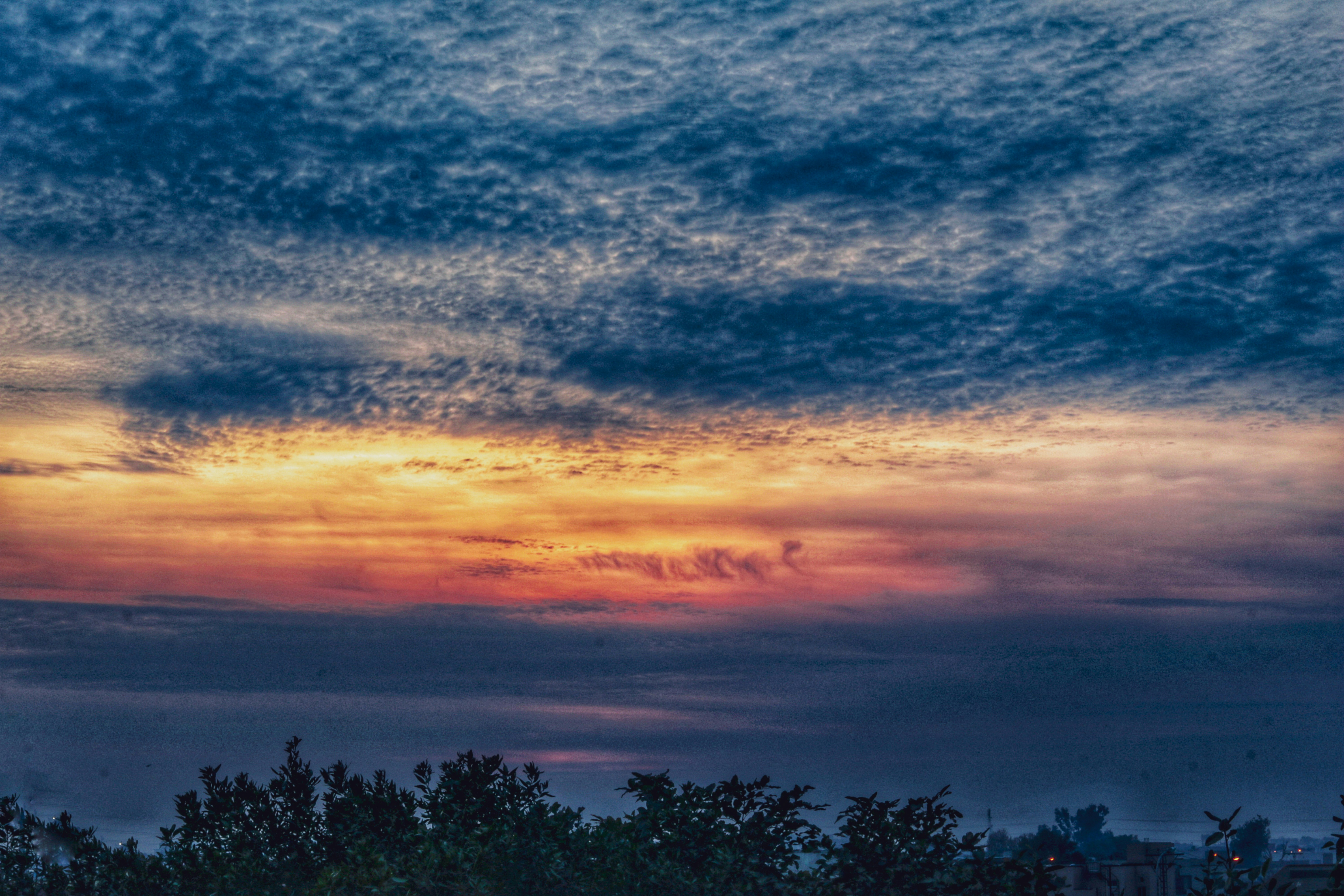 Vibrant sunrise with layers of orange, purple, and blue clouds above a silhouetted treeline.
