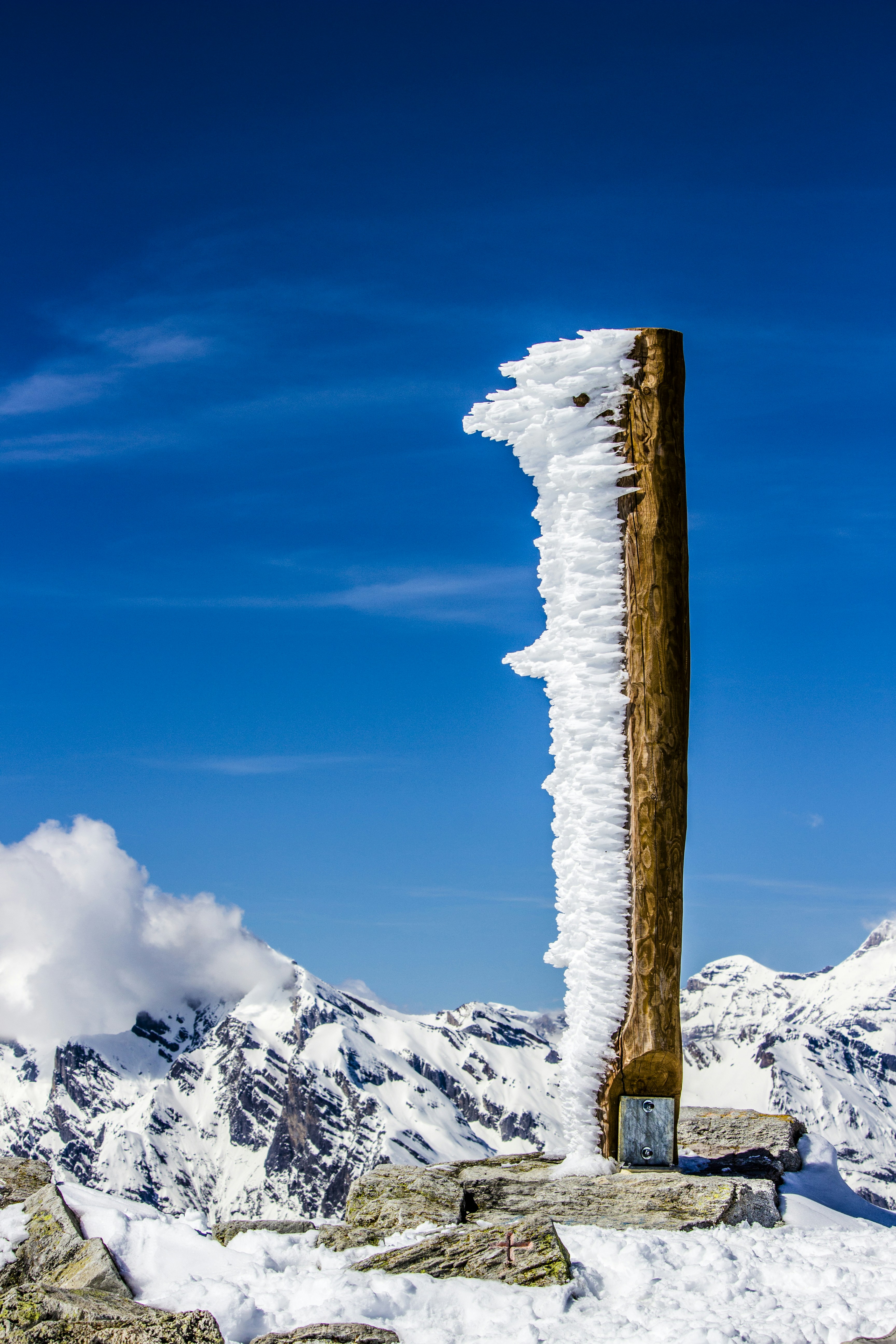 Snowbound Sentinel: frozen post against a glaciered horizon