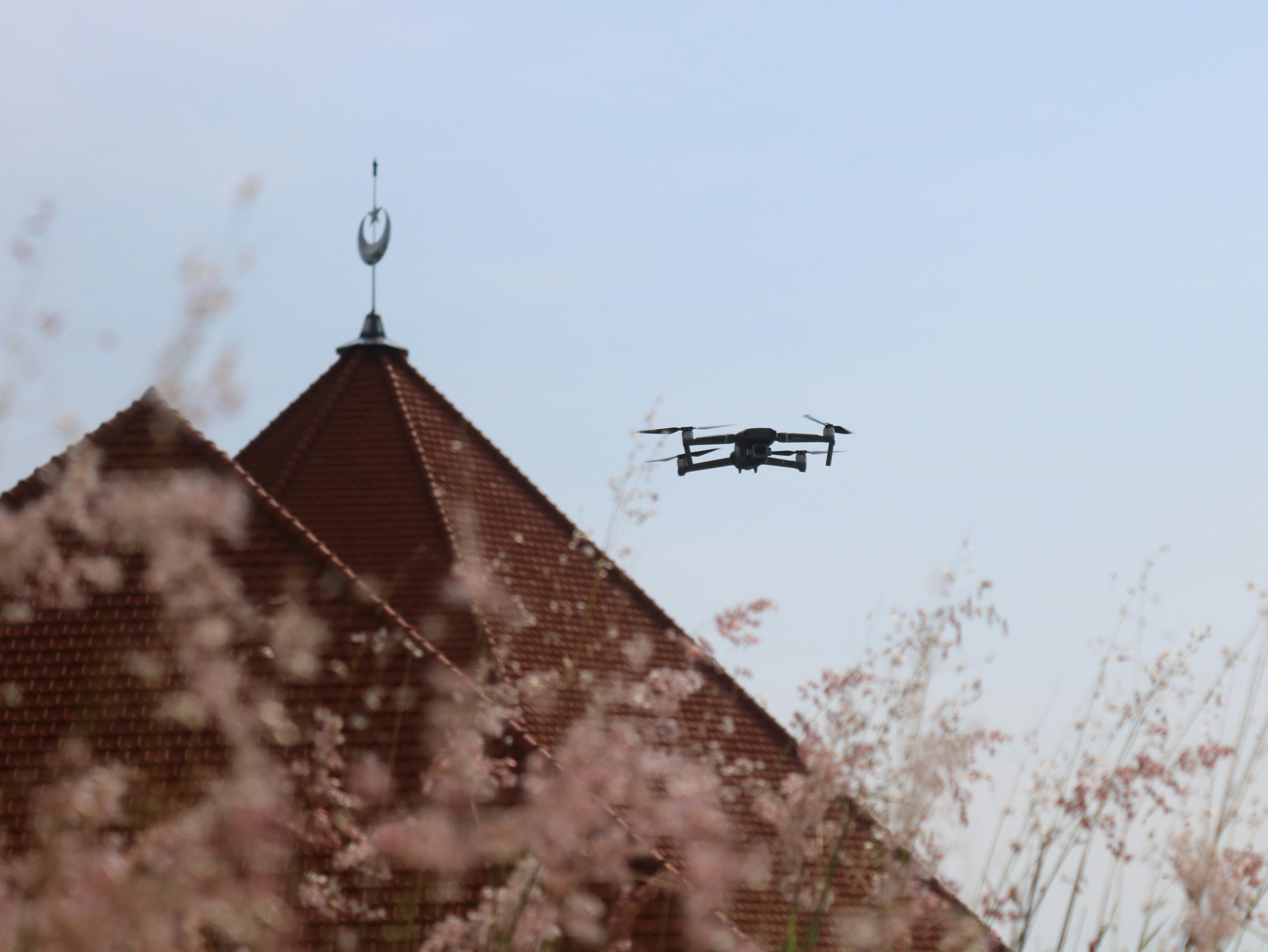 Drone hovering above a triangular rooftop with blurred flowering branches in the foreground under a clear sky.