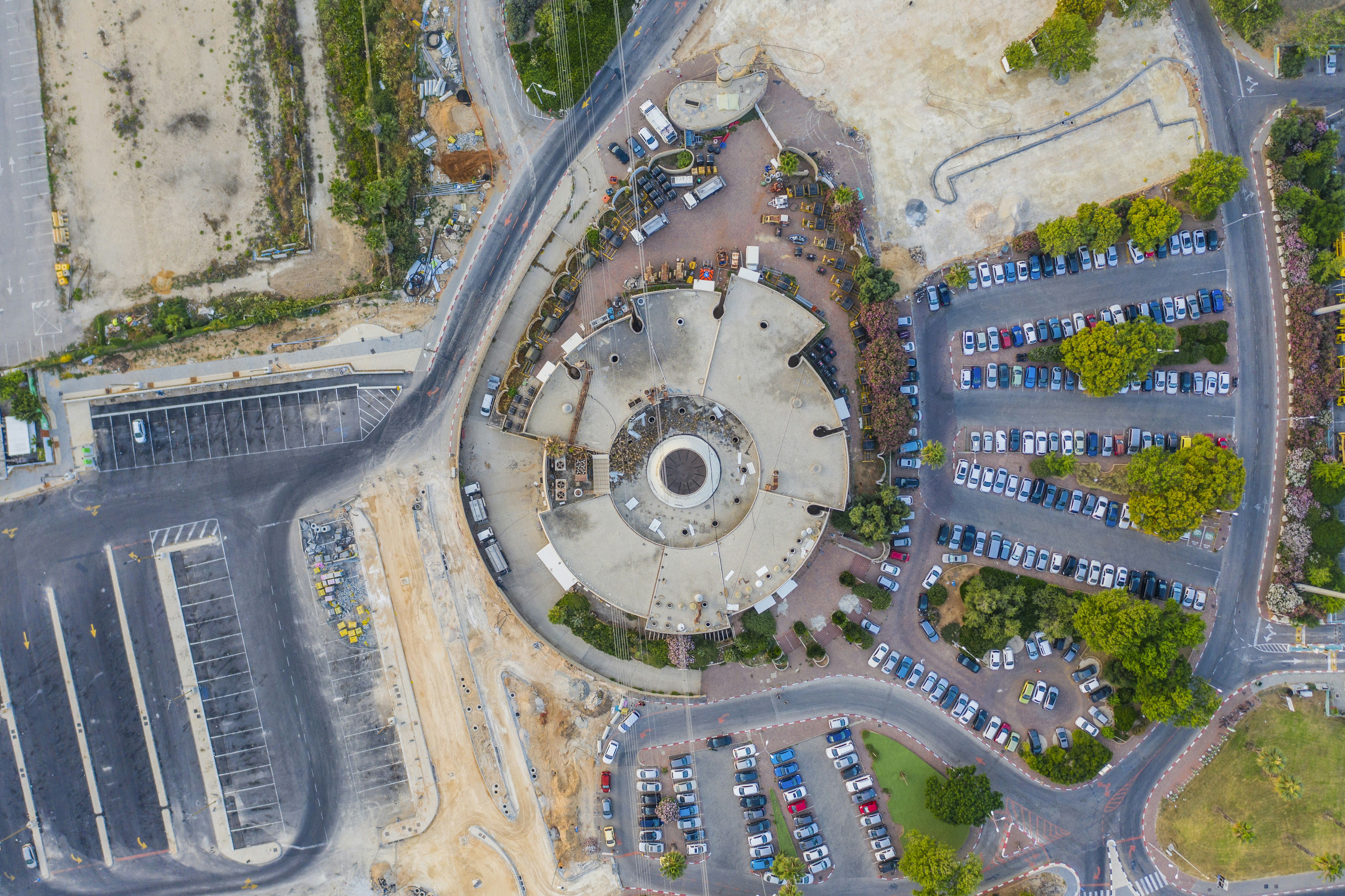 Circular Building Aerial: A Parking Spiral at Center
