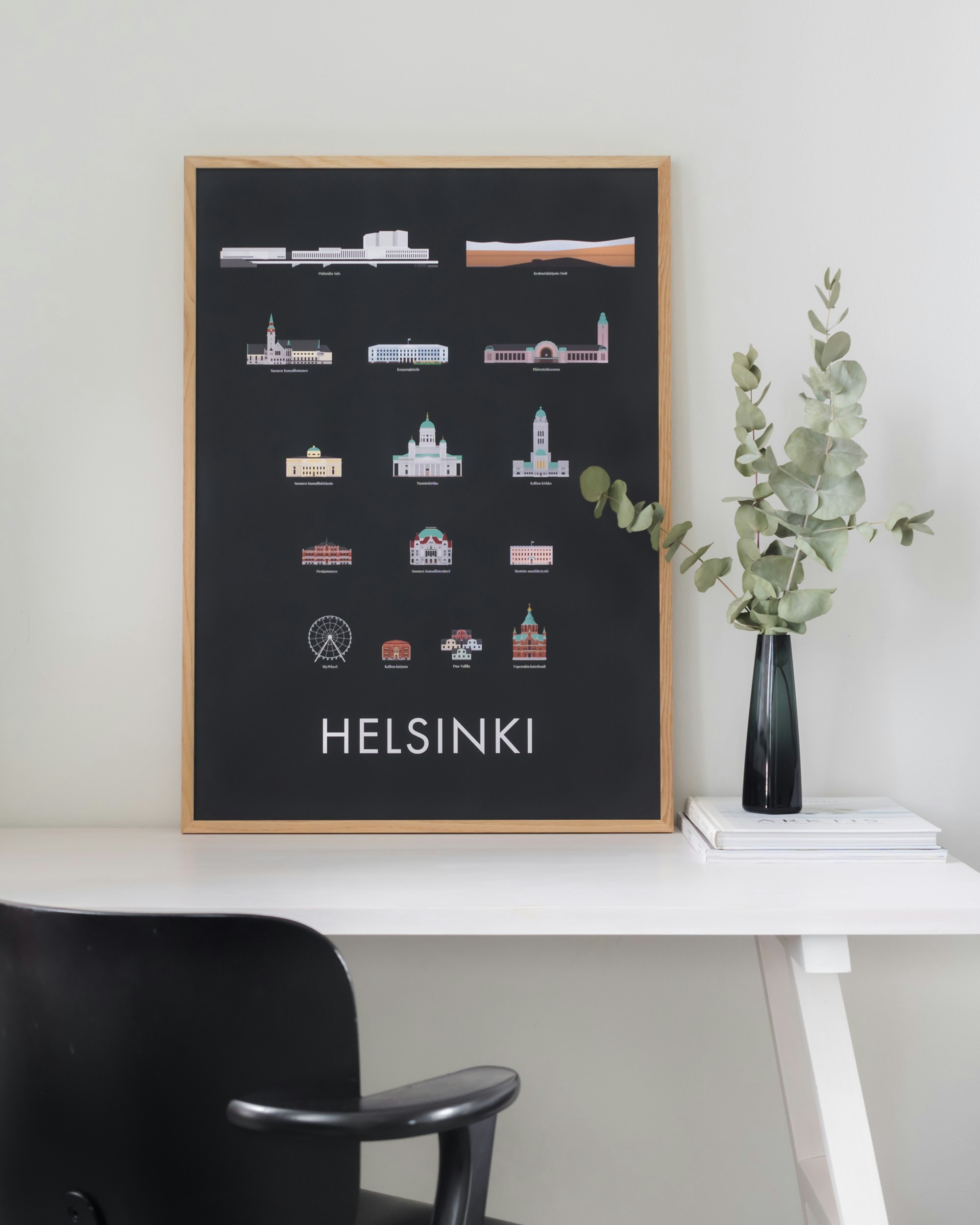 Illustration featuring iconic landmarks of Helsinki arranged on a black background, with 'HELSINKI' prominently displayed at the bottom.