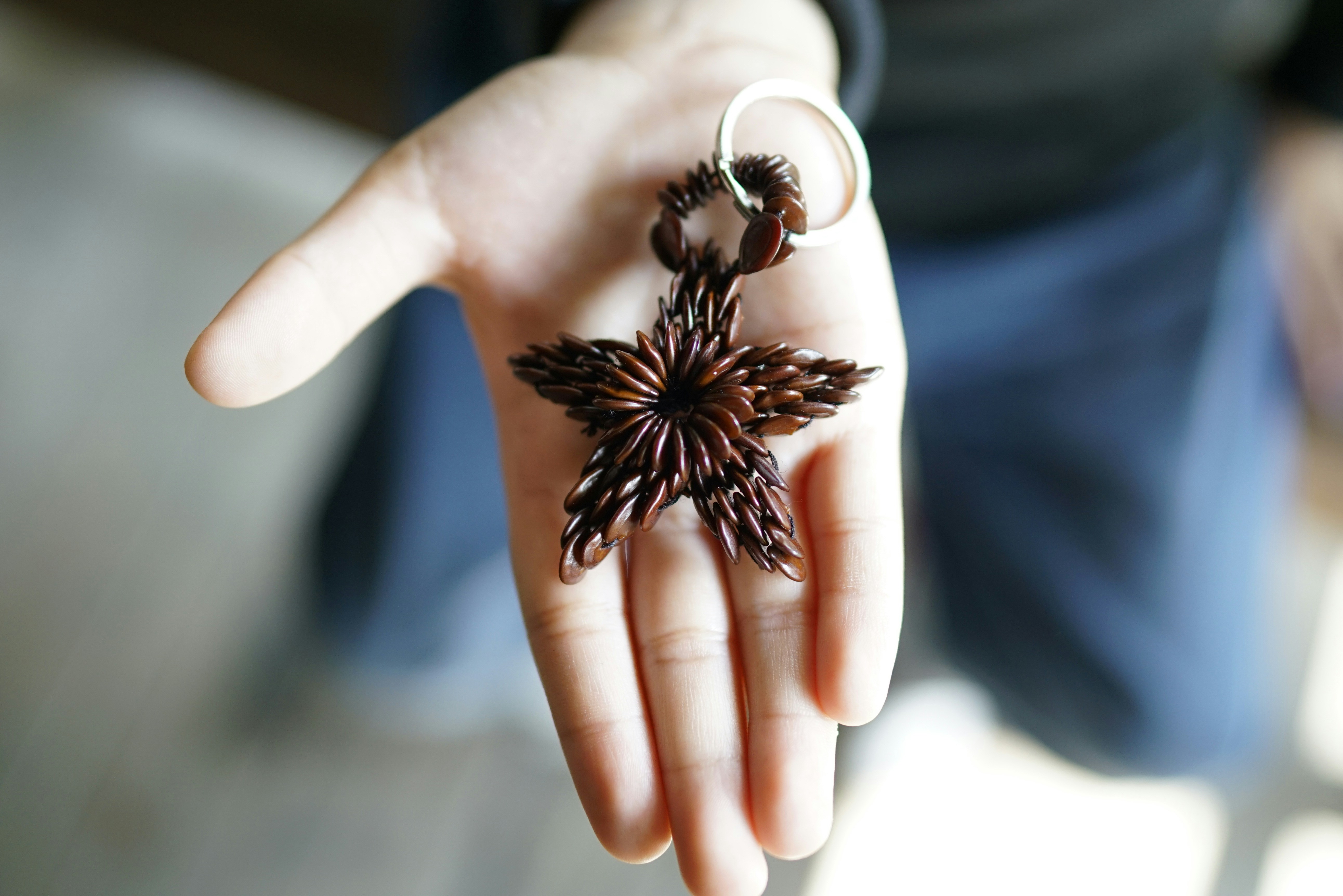Hand holding a handmade star-shaped ornament crafted from seed pods, showcasing intricate details and natural textures.