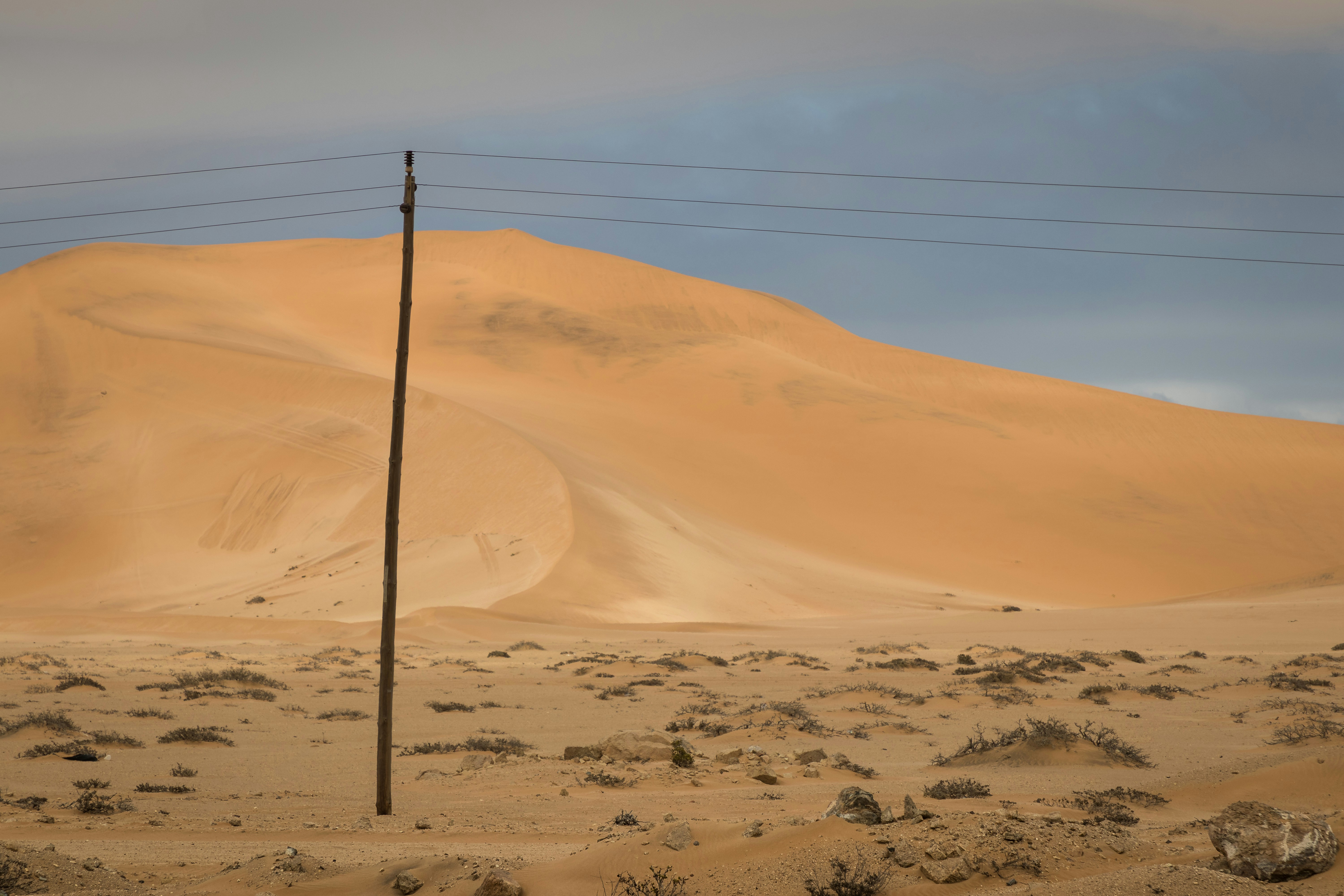 A solitary power pole stands against the backdrop of rolling sand dunes under a moody sky. The stark contrast highlights the desolation of the landscape.