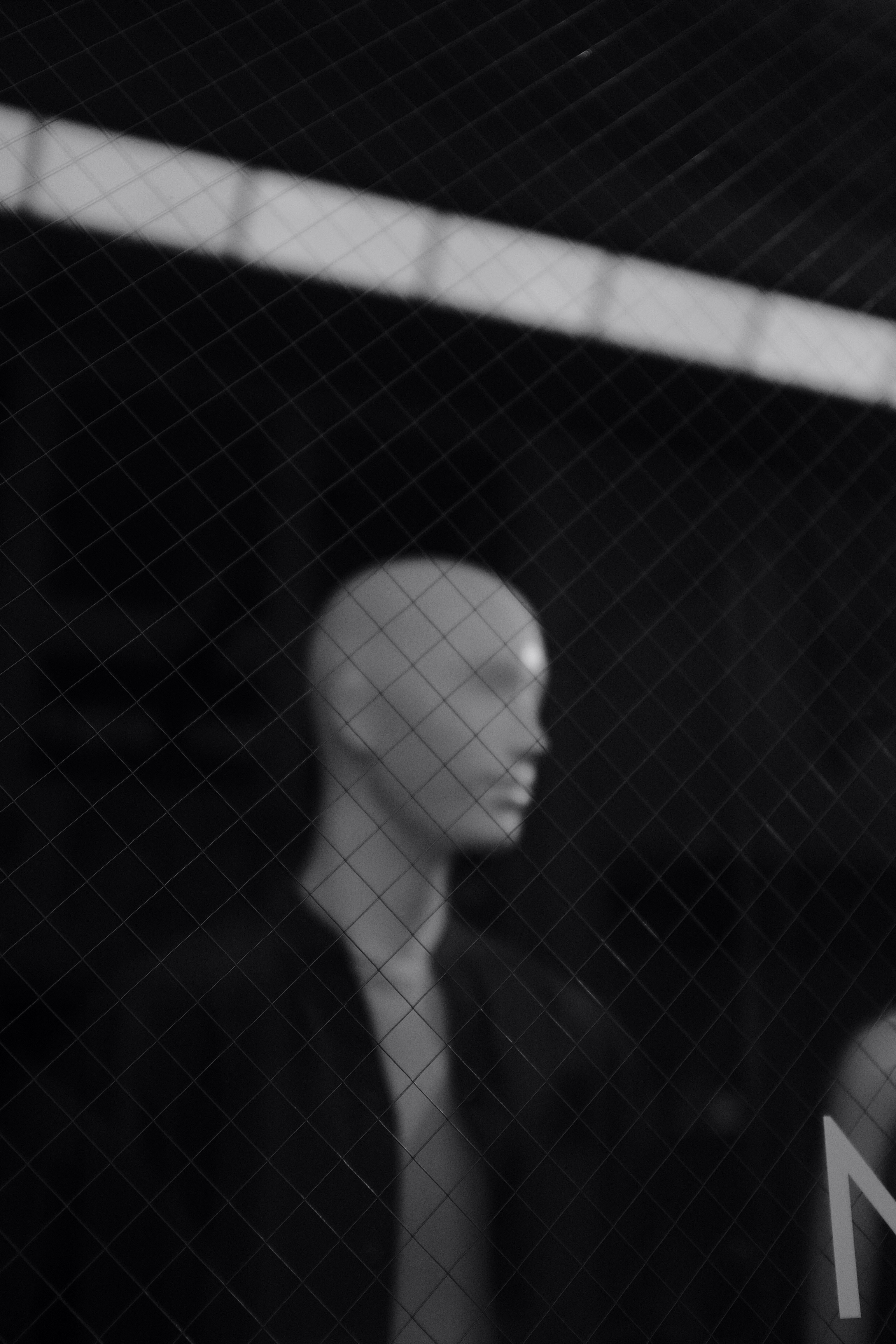 Gridbound Silence: Monochrome Mannequin in a Dim Storefront Display