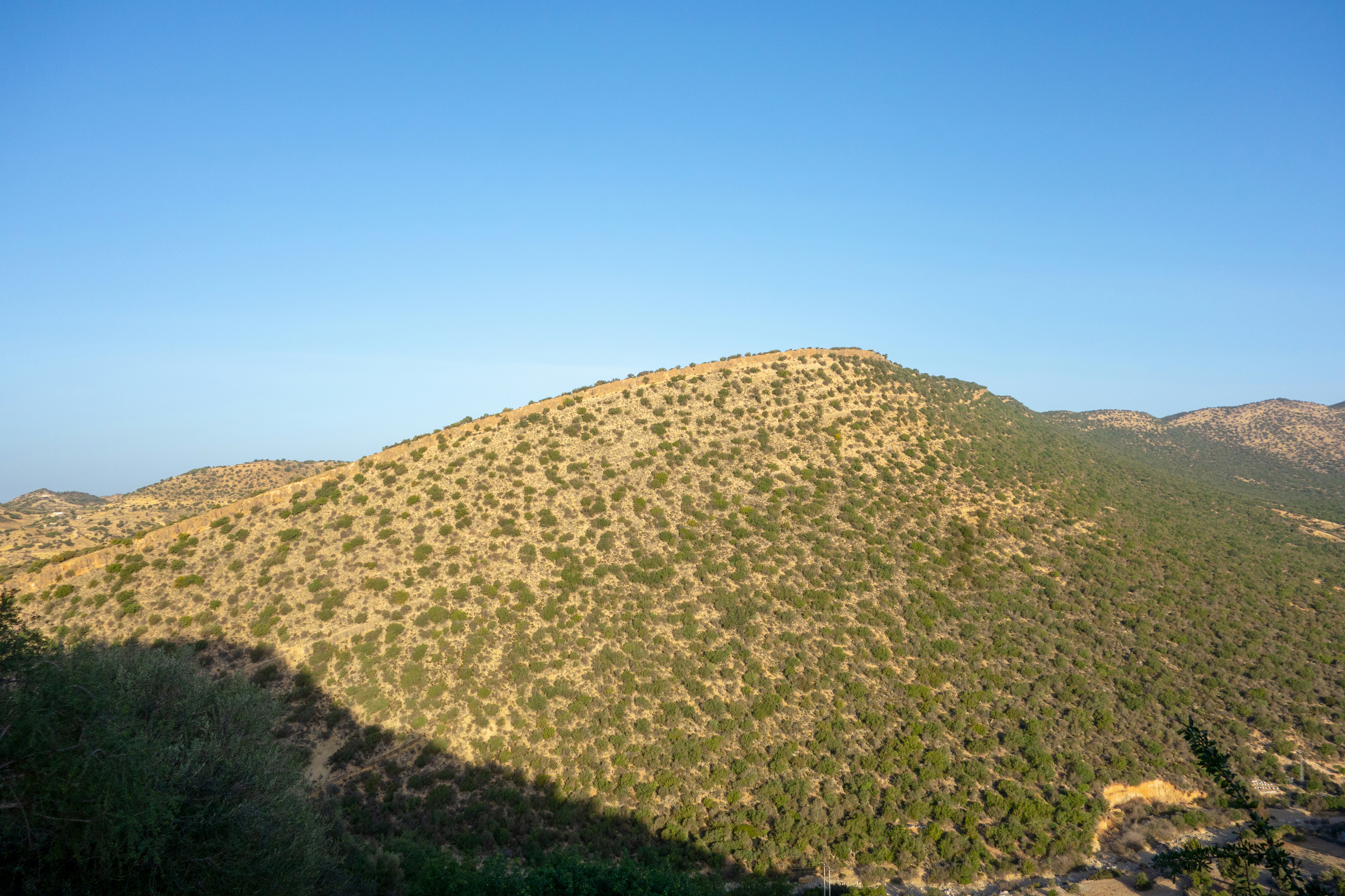 Typical hilly landscape in Morocco, more precisely in the south of Morocco, in the province of Souss-Massa. Focused shot of a hill or mountain, with the steely blue sky in the background. | green grass field under blue sky during daytime