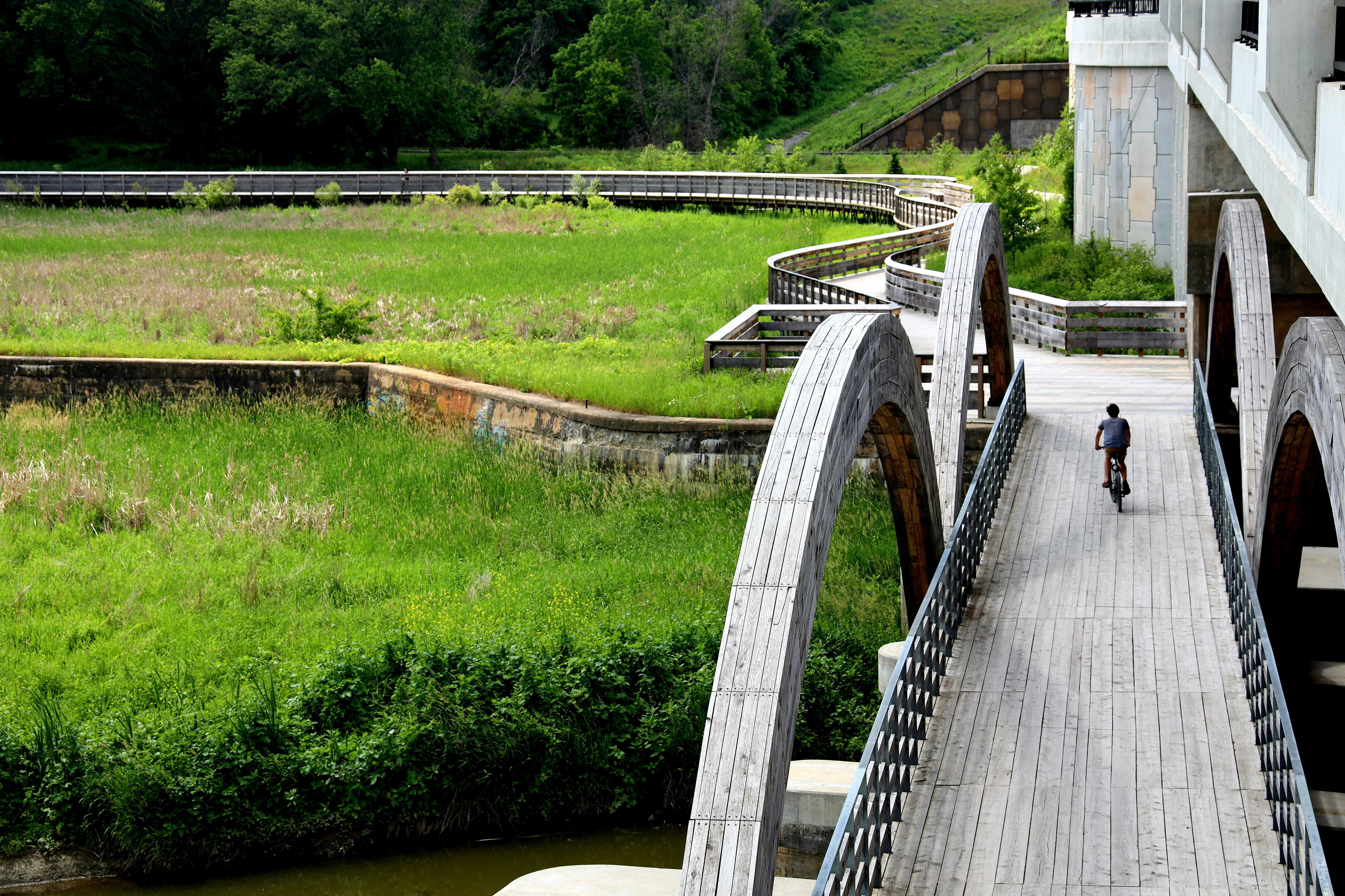 A cyclist navigates a wooden pathway alongside lush greenery and a serene waterway, illustrating the harmony between architecture and nature.