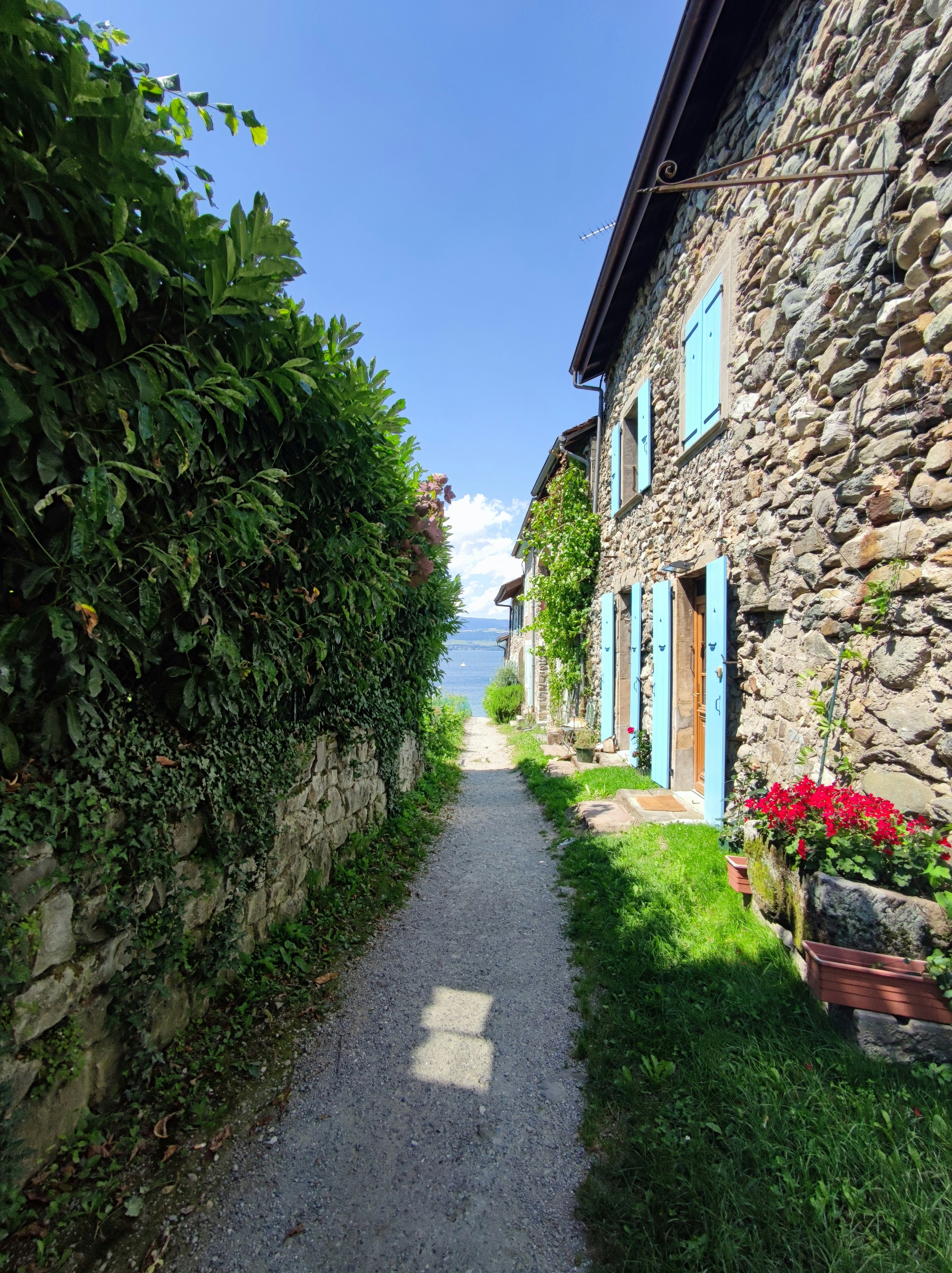 A sunlit gravel path runs between a left stone wall and a stone house with blue shutters on the right, guiding the eye toward the distant sea. The scene captures a quiet coastal village with lush greenery and potted flowers.