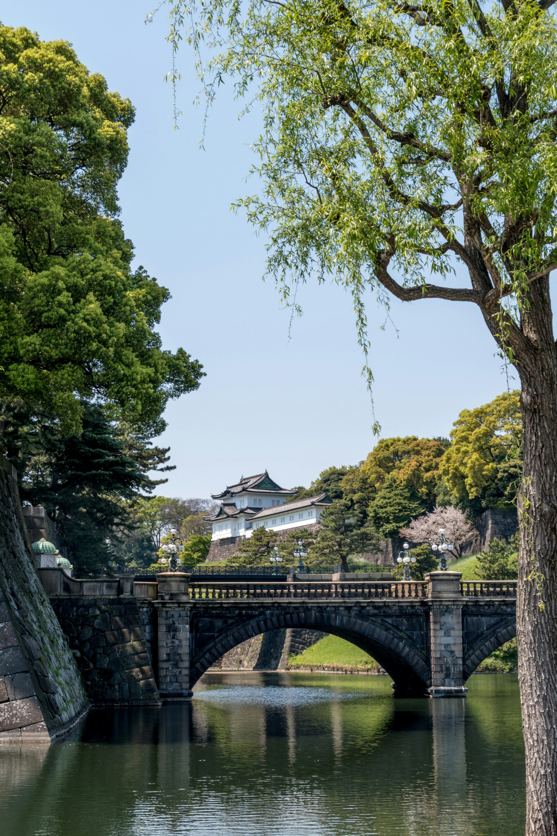 Verdant Riverside: Stone Arch Bridge Framing a Hilltop Keep