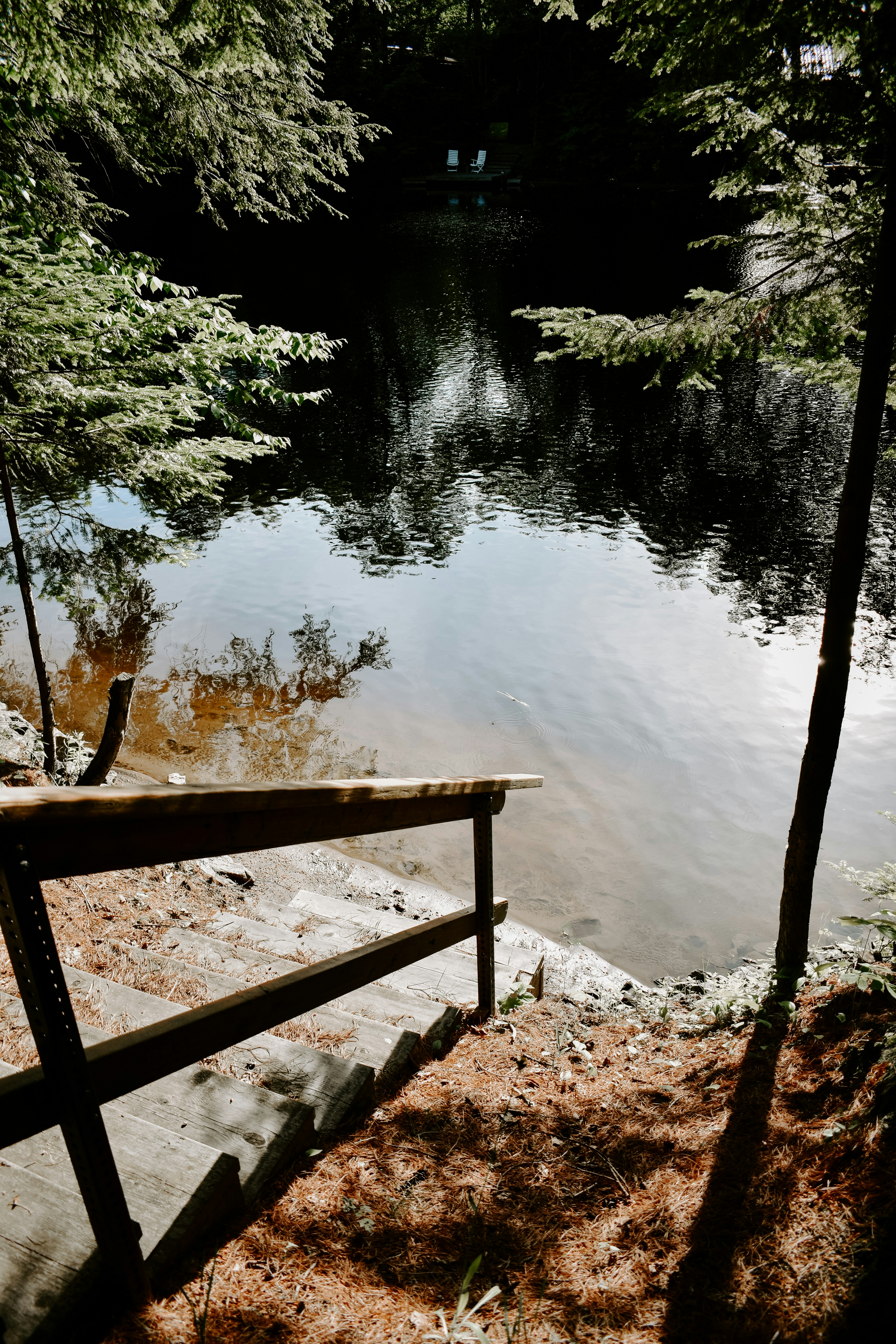 Wooden Steps Descend to a Tranquil Lake Surface