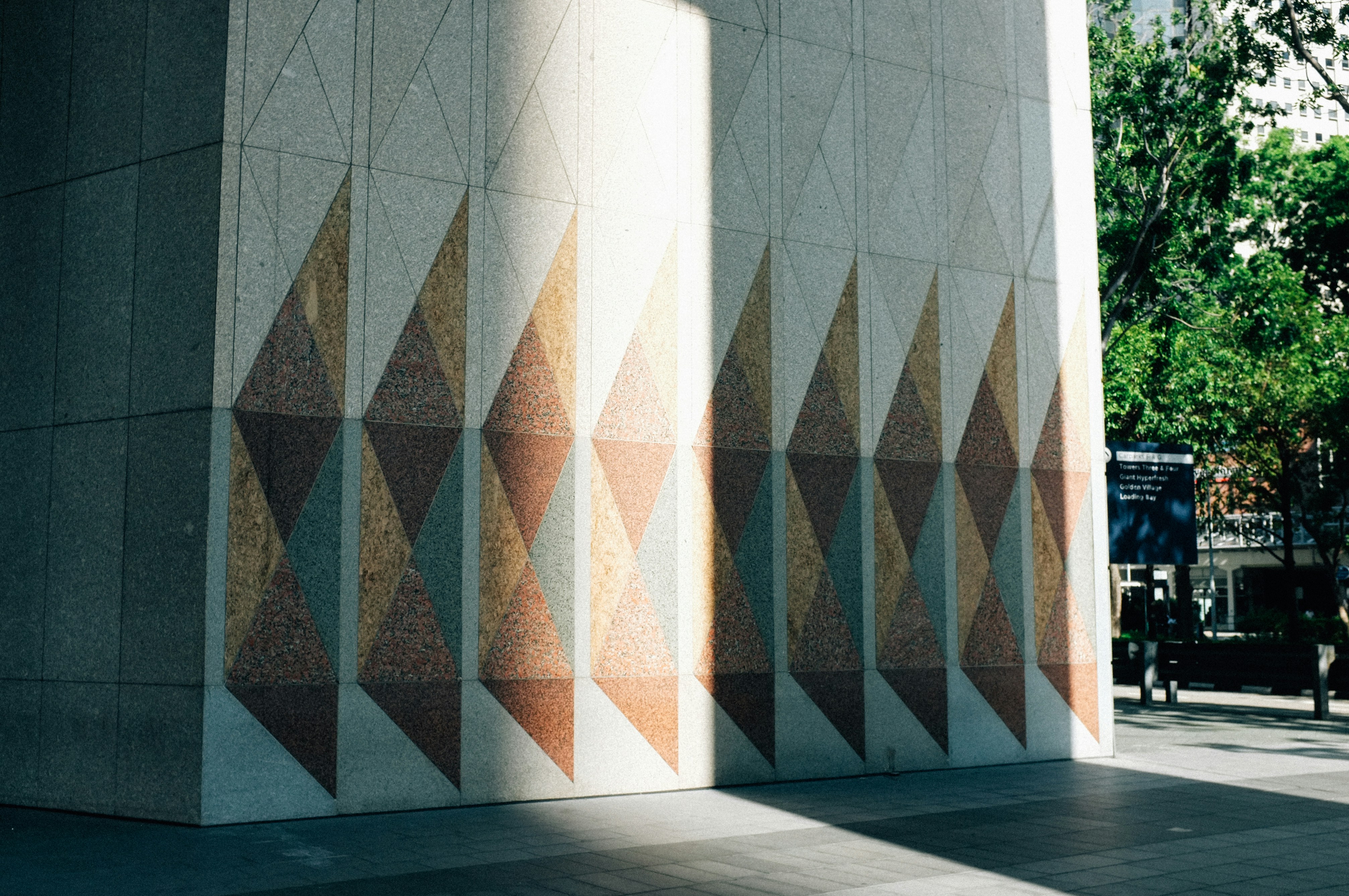 Geometric facade in warm afternoon light