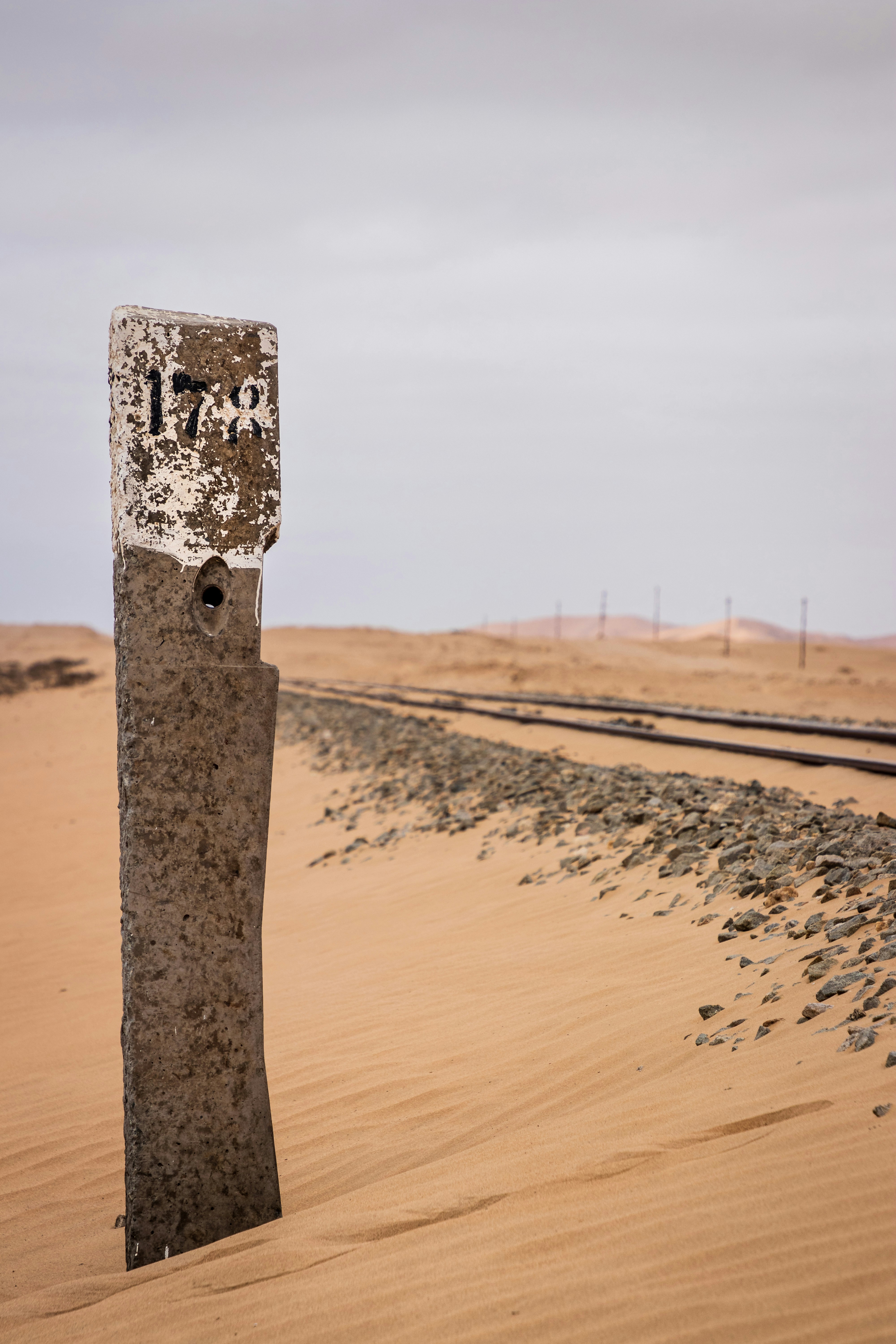 Weathered milestone standing in the desert, surrounded by rolling dunes and distant railway tracks.