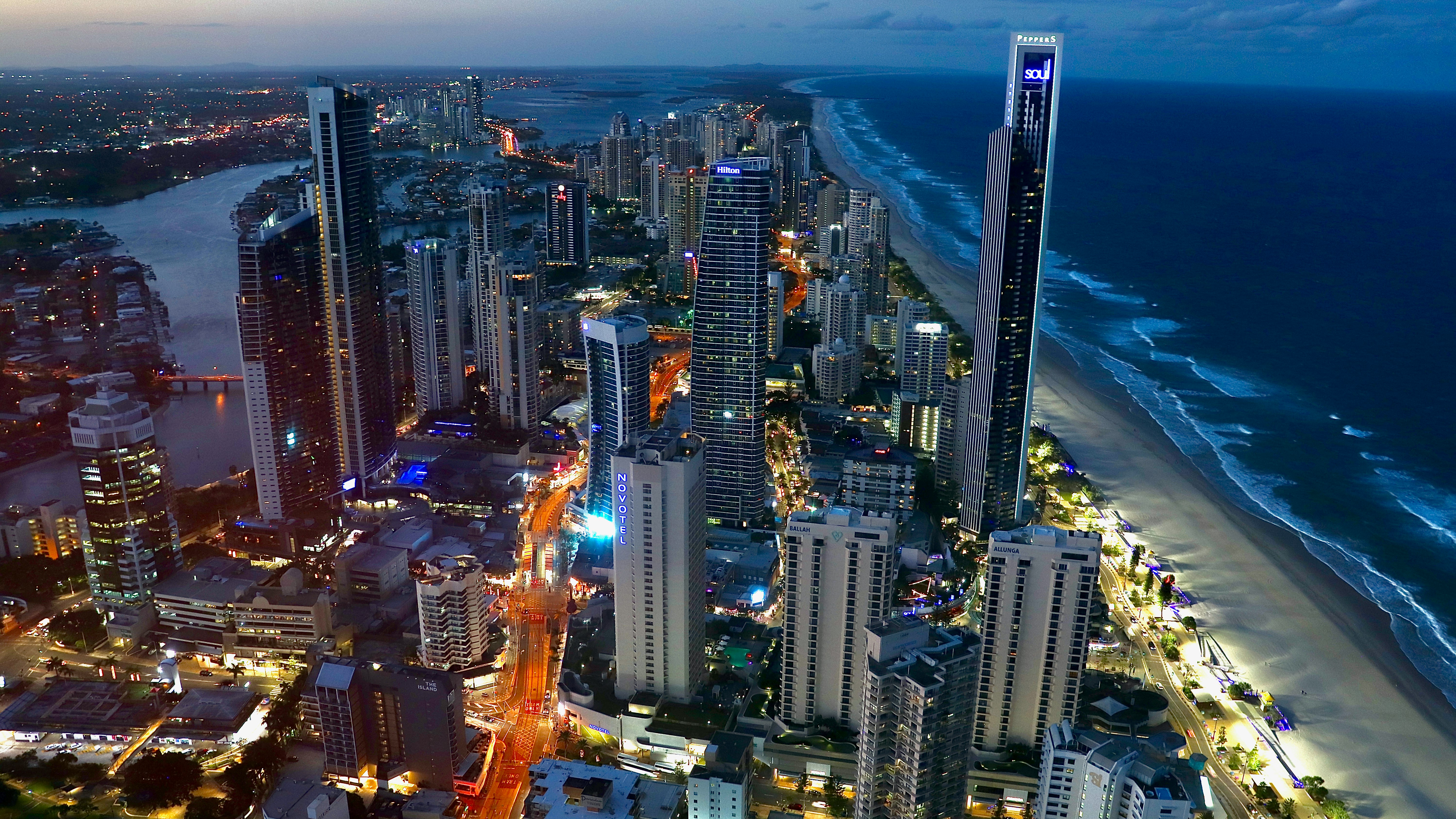 Landscape view of Gold Coast, Australia right after dusk in September 2018. Picture taken at the Surfers Paradise Observation Deck.  | aerial view of city buildings during night time